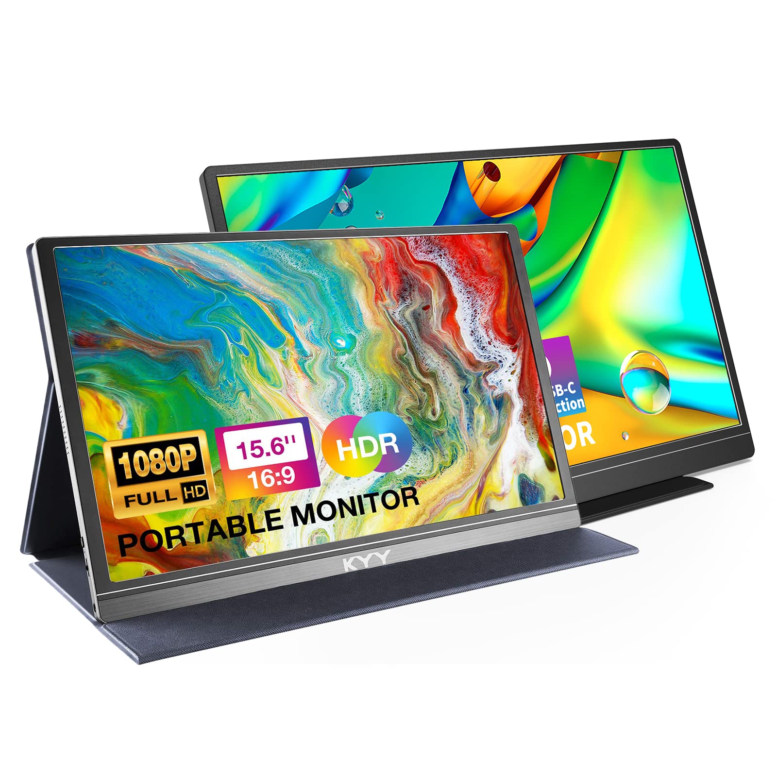 KYY 15.6'' Portable Monitor Bundle [K3 Grey & K3-2 Black] 1080P FHD USB-C Laptop Monitor HDMI Computer Display HDR IPS Gaming Monitor w/Smart Cover & Dual Speakers, for Laptop PC Phone PS4 Xbox Switch
