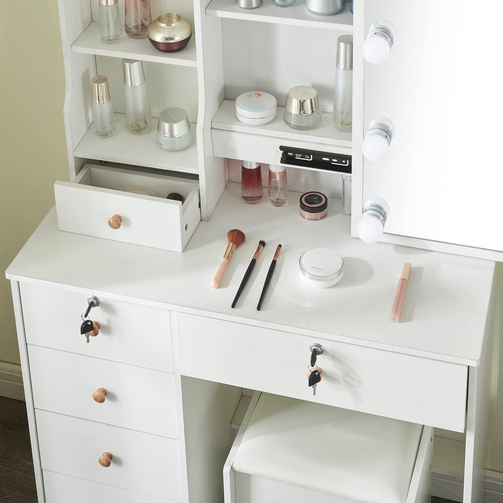 Vanity Desk, Makeup Table with Mirror and Lights, Dressing Table with 6 Drawer 3 Shelves Storage Unit, White Vanity Make Up Desk Bedroom Furniture (Vanity A07)