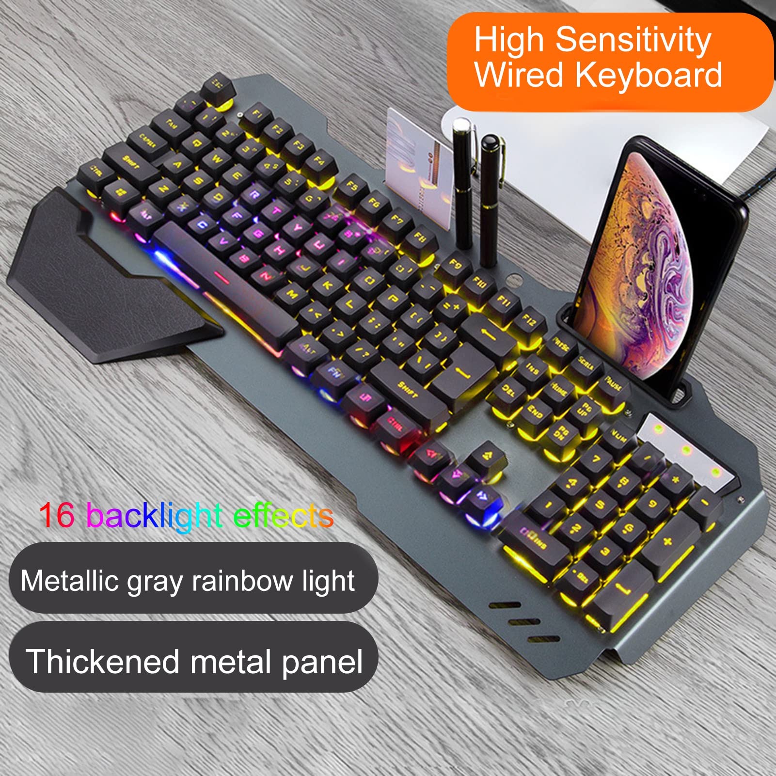 Lopeceal Mechanical Gaming Keyboard Wired Keyboard Ergonomic RGB 104 Keys Quick Response Rainbow LED Backlit USB Interface Anti-Ghosting for PC Desktop Black