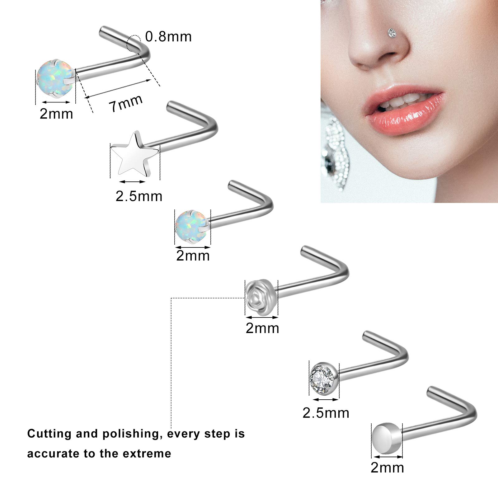 Hicdaw Nose Rings, 60 Pcs Nose Rings for Women 20G Nose Studs Hoop Jewelry Surgical Steel Nose Ring (Silver)