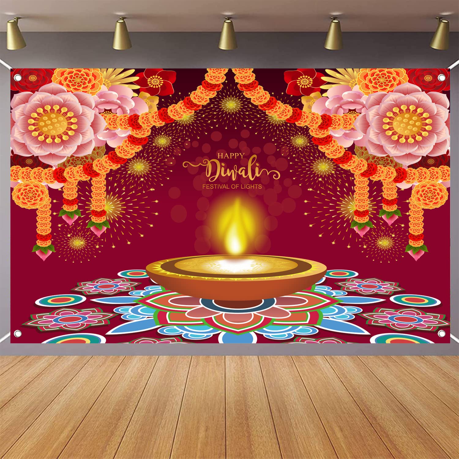 Happy Diwali Backdrop Banner Festival of Lights Diwali Decorations Party Supplies, Deepavali Background Banner for Photo Backdrop