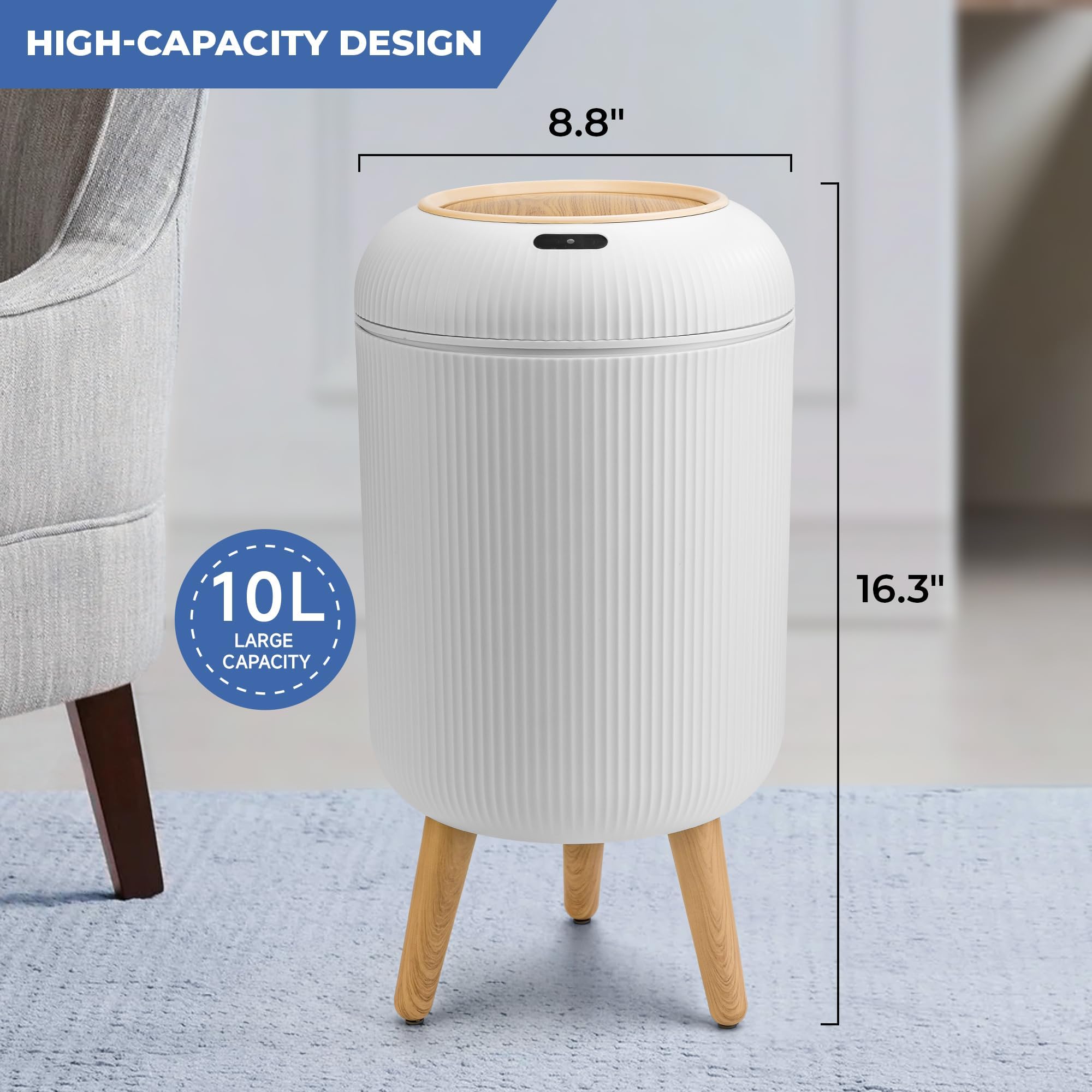 Pukomc Automatic Motion Sensor Bathroom Trash Can with Lid, 3 Gallon / 11 L Touchless Trash Bin, Smart Plastic Garbage Can, Intelligent Trash Can for Bedroom, Bathroom, Kitchen, Office, White