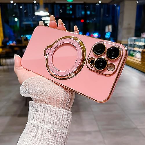 MGQILING Compatible with iPhone 14 Pro Max Magnetic Planting Case 6.7 Inch, Luxury 360 Rotating Magnetic Hidden Stand Case, Compatible with MagSafe for Women Girls,Pink