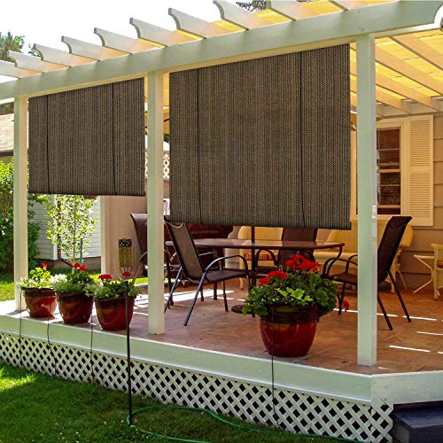 TANG Exterior Roller Shade Roll up Shade for Patio Deck Porch Pergola Balcony Backyard Outdoor Blinds Light Filtering Block U-V Rays 4'W x 6'L Hollow Out Striped Brown