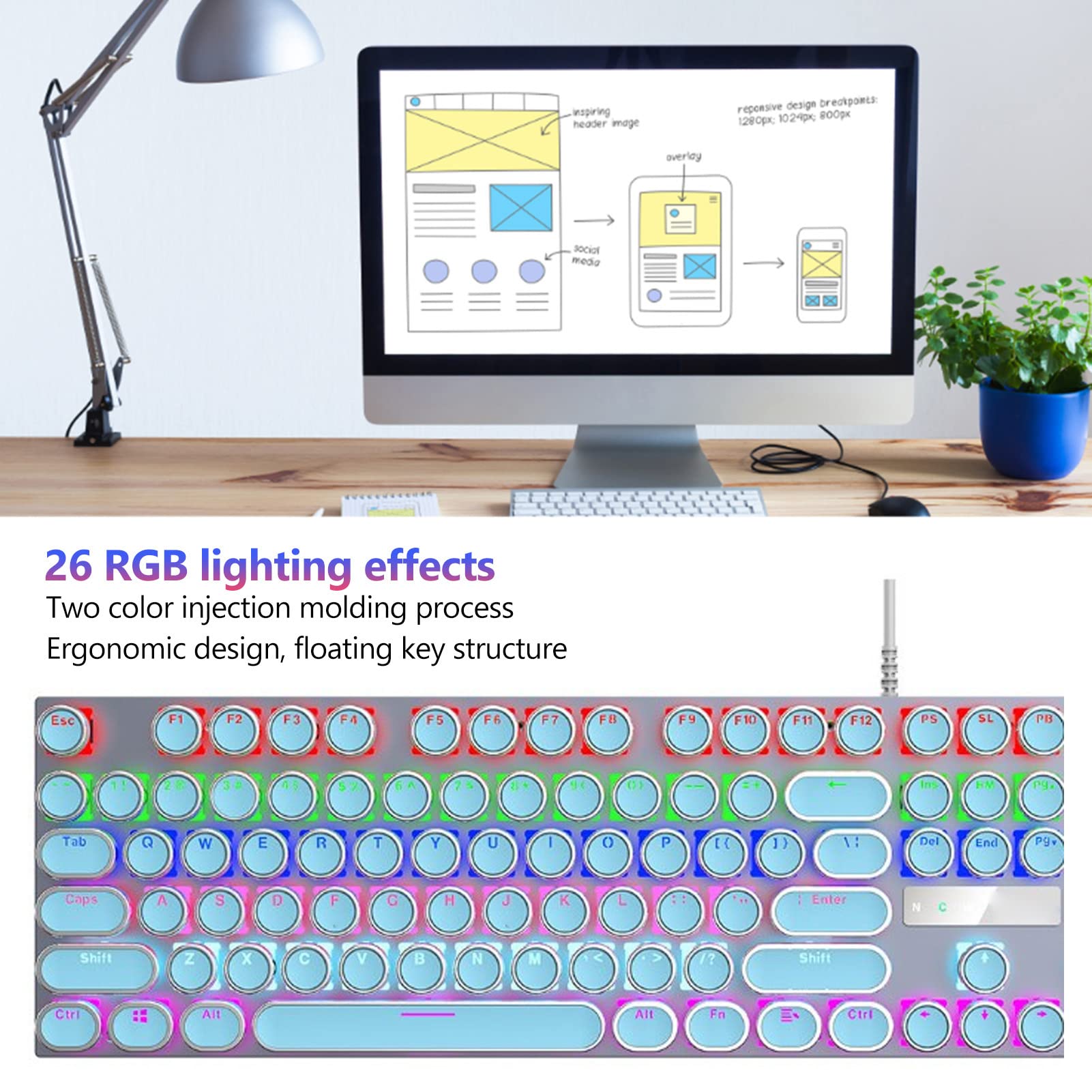 Mechanical Keyboard with red Switch, USB Interface Mechanical Gaming Keyboard with red Switch with 87 Keys for Desktop Blue Electroplating Punk