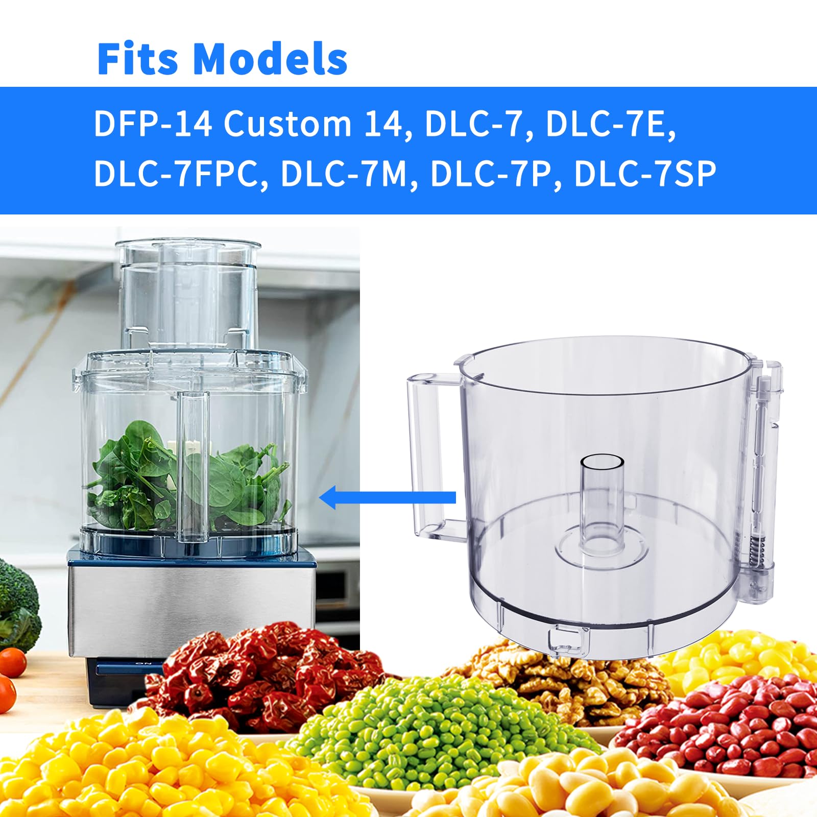 Vanshly DLC-005AGTX,14-Cup Food Processor Work Bowl Compatible with Cuisinart DLC-7 & DFP-14,NOTE:This bowl features 2 tabs on the top rim of the workbowl