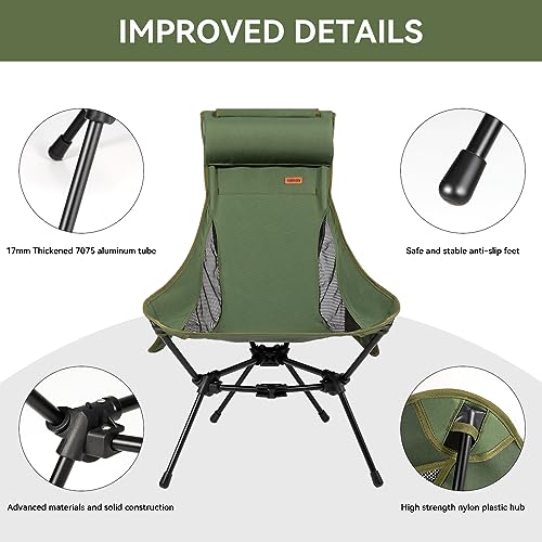 TOBTOS High Back Camping Chair, Lightweight Camping Chair with Headrest, Stable Portable Folding Chair for Outdoor Camp, Hiking, Backpacking (Green)