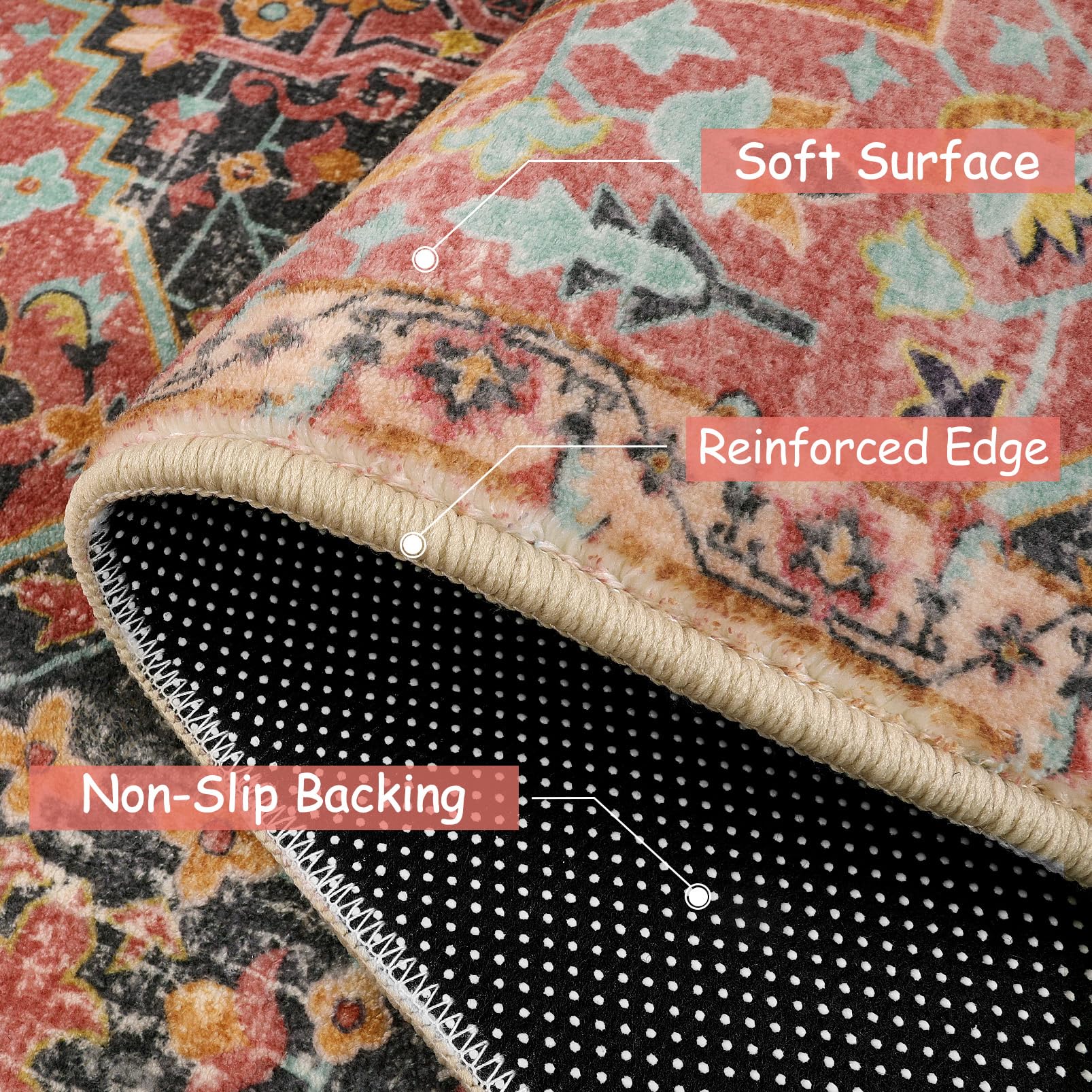 Lahome Washable Hot Pink Kitchen Rugs 2x3 Small Entryway Rug, Bathroom Rugs Non Slip, Bohemian Floral Soft Rubber Backing Low-Pile Indoor Printed Throw Floor Carpet for Bedside Laundry Door