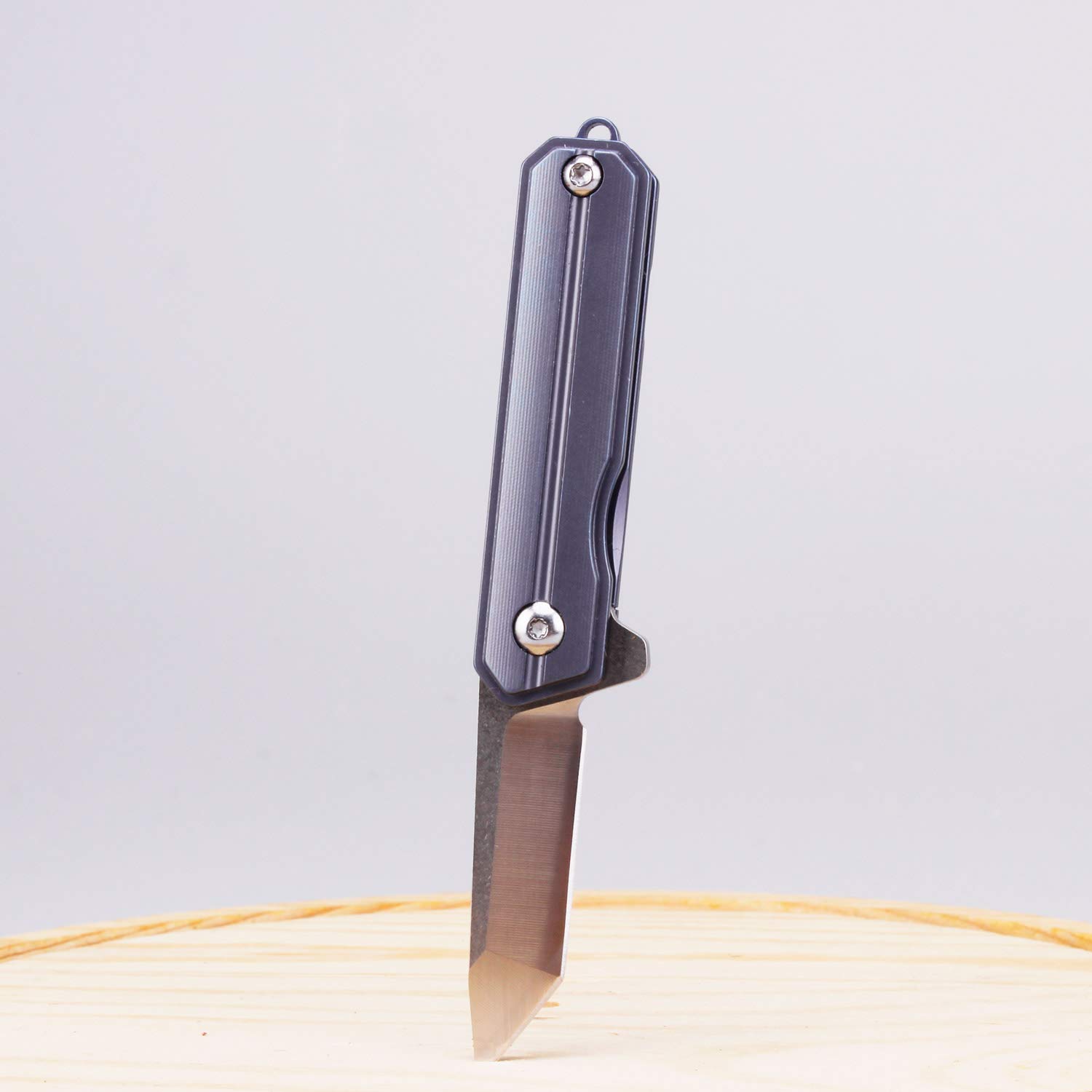 Samior HY003 Mini Samurai Keychain Pocket Folding Knife, 1.45 inches Small Flipper with D2 Tanto Blade, Blue Titanium Handle with Frame Lock Necklace Lanyard EDC Knives