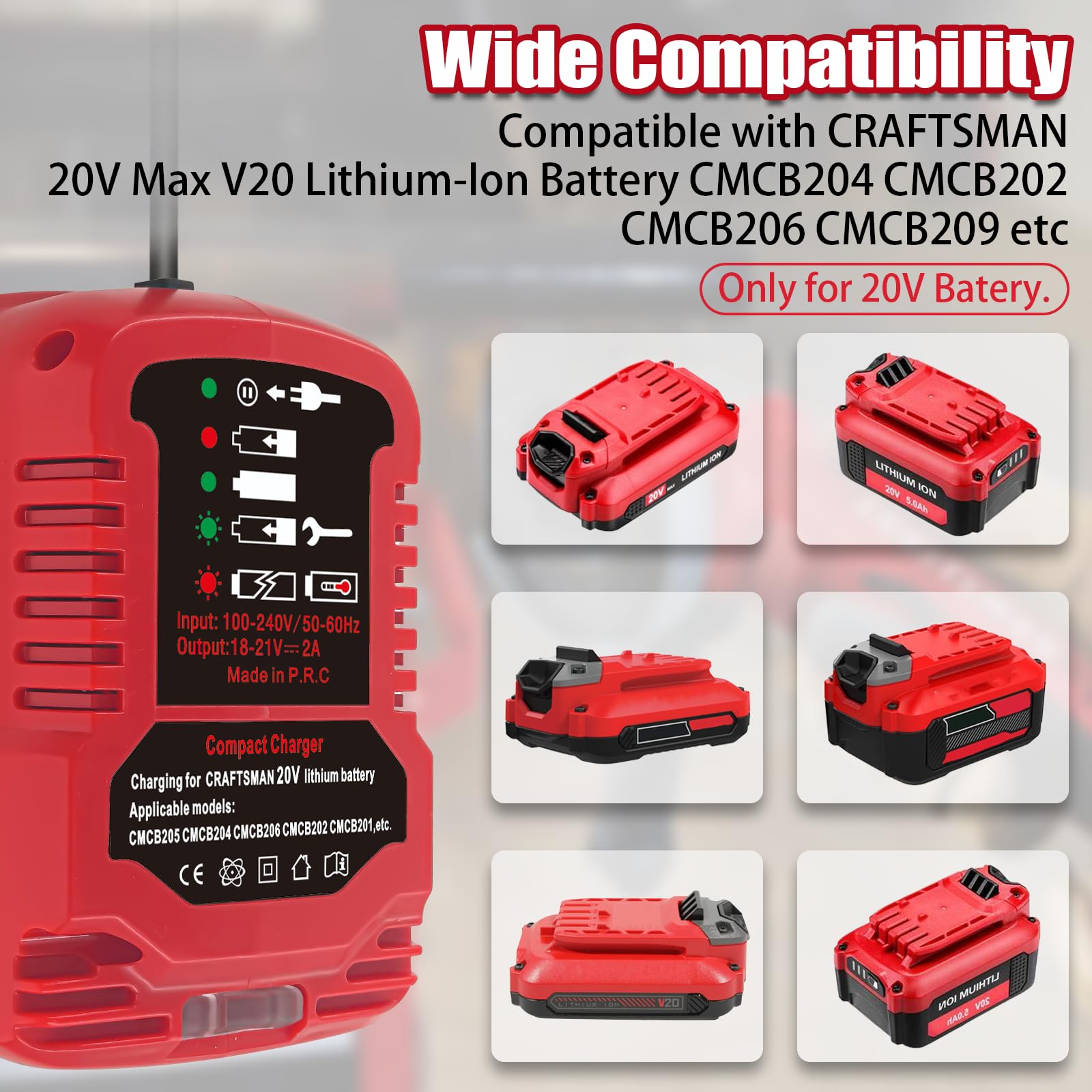 Laimiao Replacement Mini Charger for Craftsman 20V Battery,Compatible with Craftsman V20 Lithium Battery CMCB204 CMCB202 CMCB201 CMCB209 CMCB205 (Only for V20 Series,Battery Not Included)