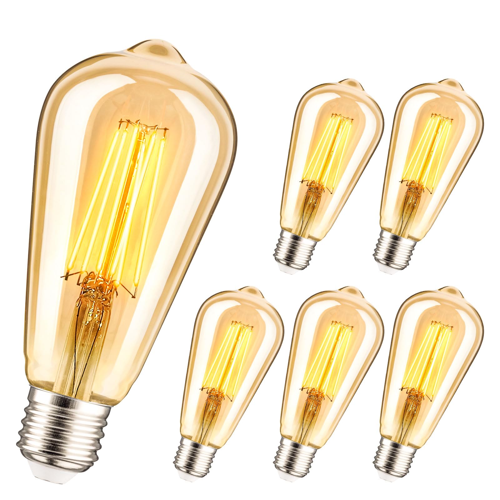 LISTOCASA ST21 Vintage LED Edison Bulbs Dimmable,8W(100W Equivalent),ST64 Antique LED Filament Bulbs Warm White(Amber Glass),1100LM,E26 Medium Base,Antique Decorative Edison Light Bulbs,6-Pack,2700K