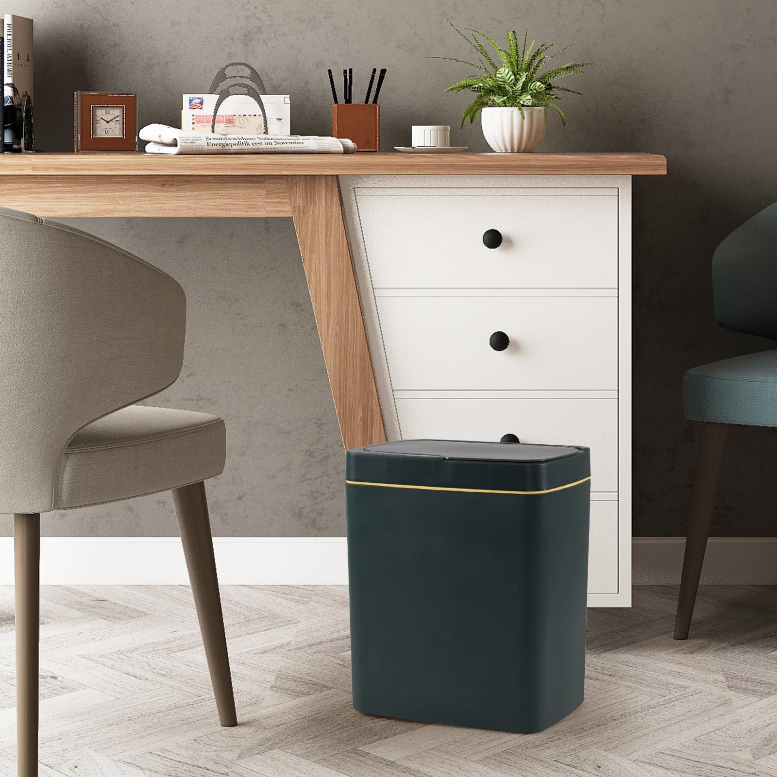 Obstnny Motion Sensor Garbage Can with Automatic Lid, 15 L Plastic Touchless Trash Can, Green