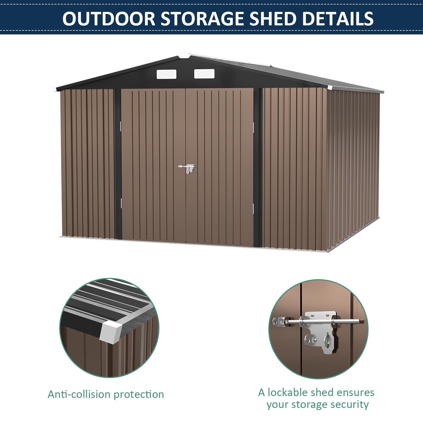 Outdoor Storage Shed, Amopatio Heavy Duty Galvanized Metal Garden Shed Backyard Storage Shed Outside Tool Storage Shed House (10' x 10', Brown)