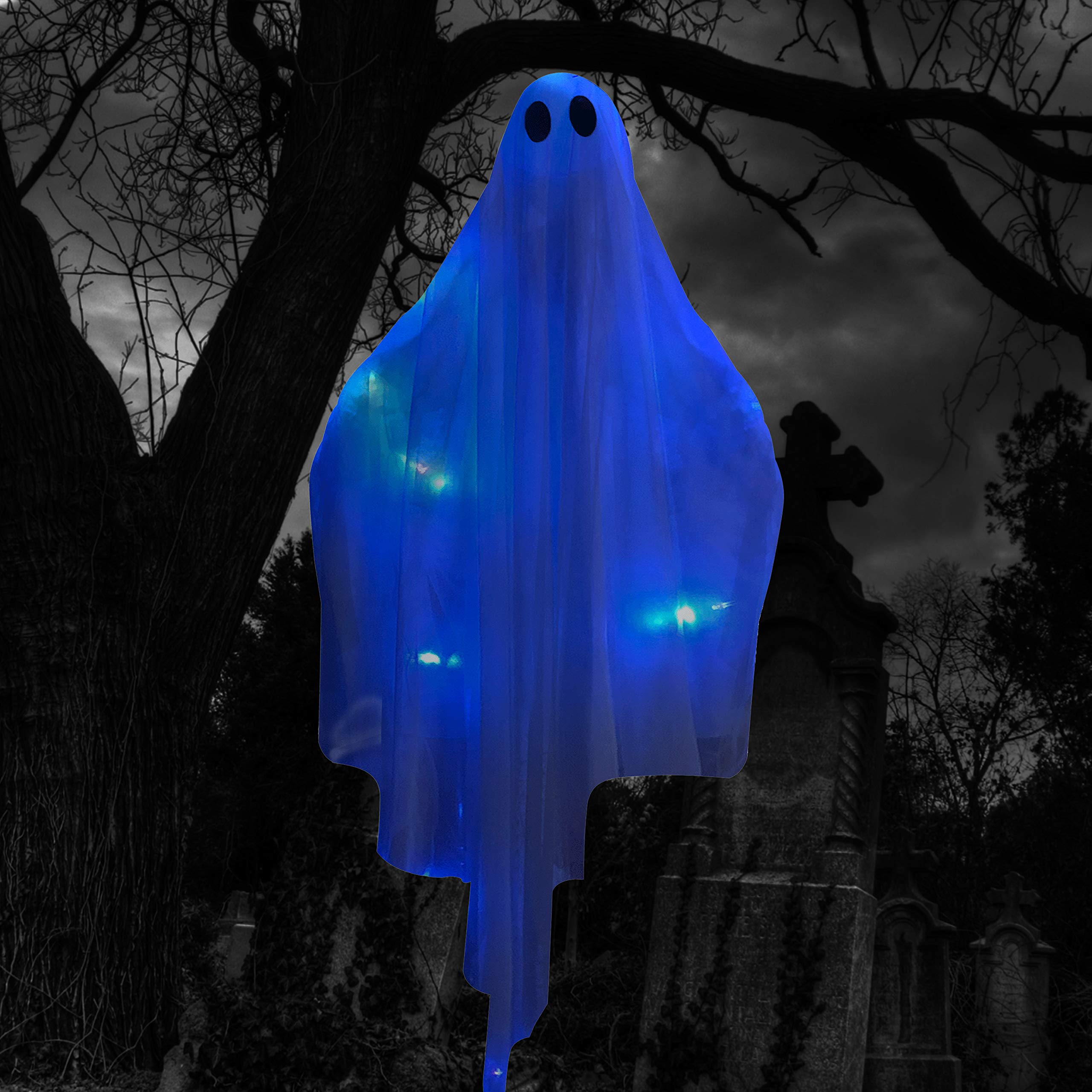JOYIN Halloween Hanging Light up Ghost with Spooky Blue LED Light, 47β White Hanging Ghosts, Best Halloween Hanging Decoration for Front Yard Patio Lawn Garden Party Decor Indoor Outdoor