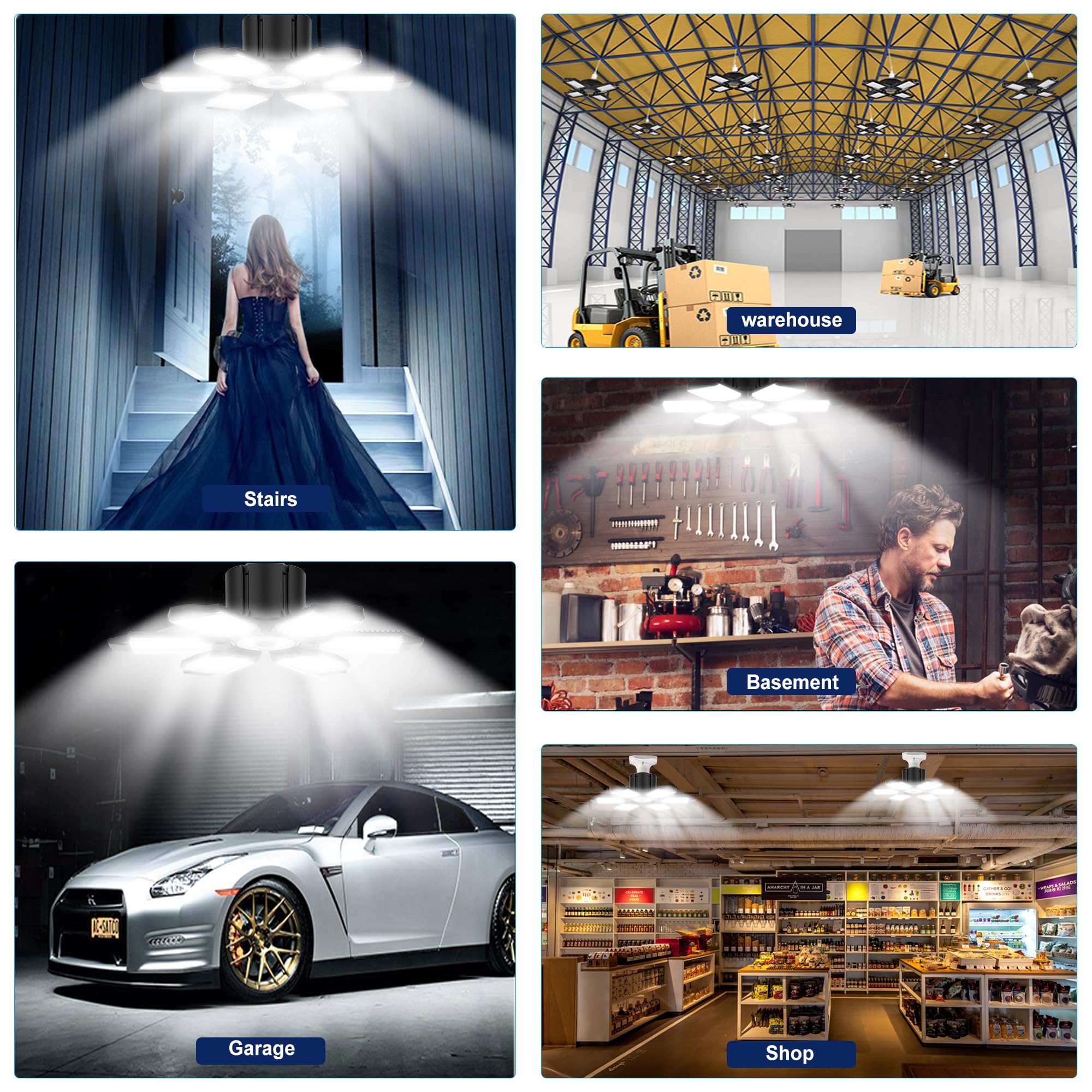 LED Garage Ceiling Light 150W 15000LM Super Bright Light Bulbs with 6 Adjustable Panels E26/E27 Screw in LED Shop Lights Deformable Garage Lighting for Workshop, Warehouse, Basement -2 Pack