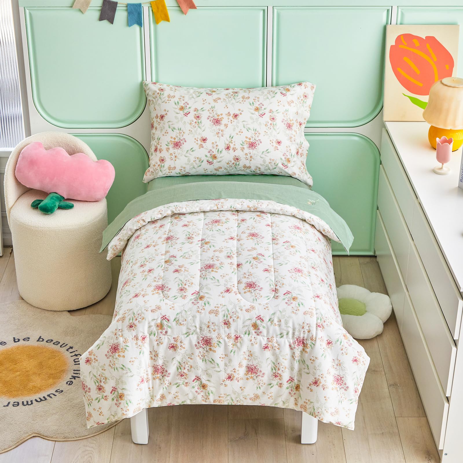 Joyreap 4 Piece Cotton Toddler Bedding Set for Girls, Pink Flowers on White Design, Soft Breathable Cotton Toddler Comforter Set, Includes Quilted Comforter, Fitted Sheet, Top Sheet, and Pillow Case