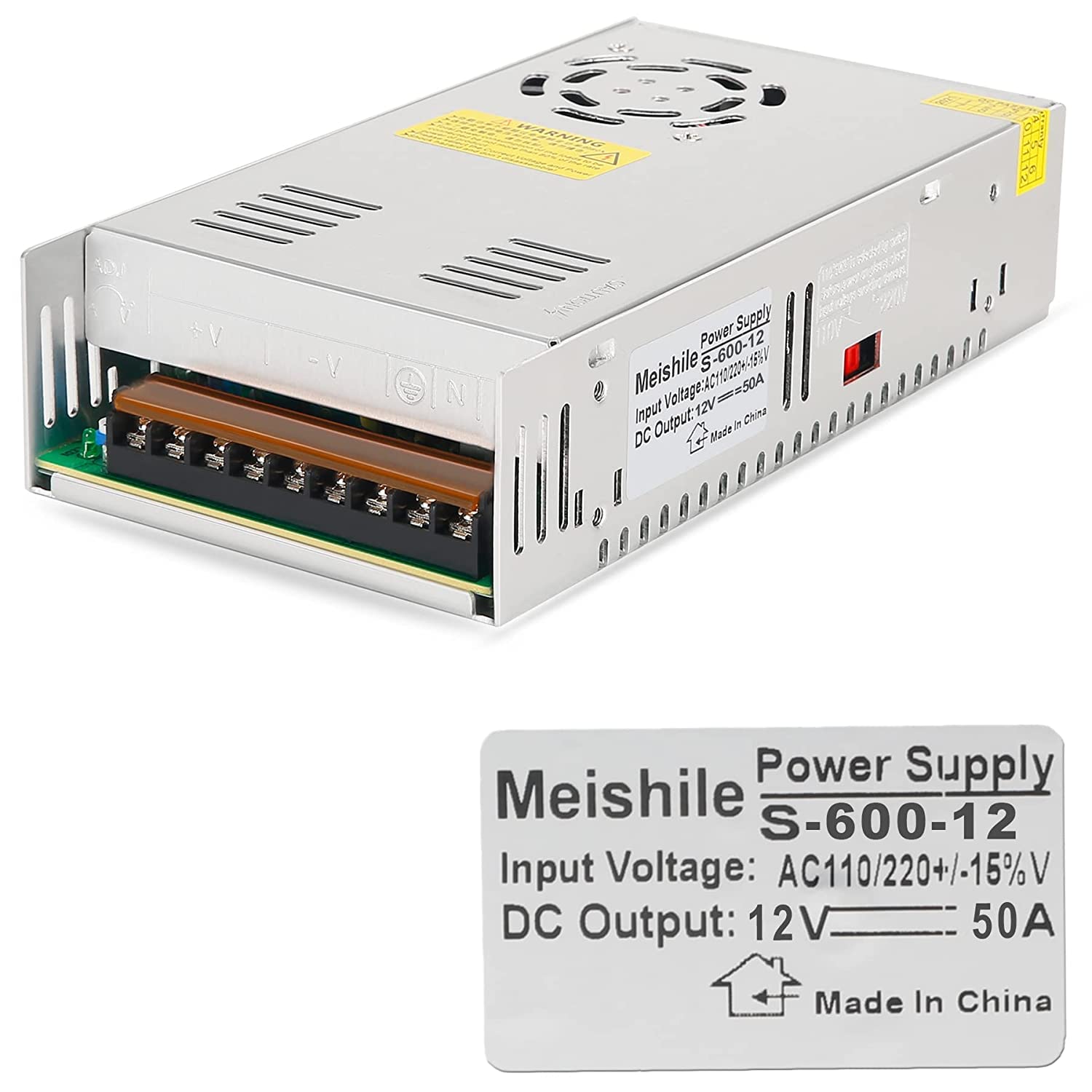 MEISHILE 12V 50A 600W DC Switching Power Supply Adapter AC-DC 12Volt Industrial Transformer Converter 0-40A 25A LED Drive Light Lamp Meter Electric Printer Semiconductor Motor Pump Fan Cool