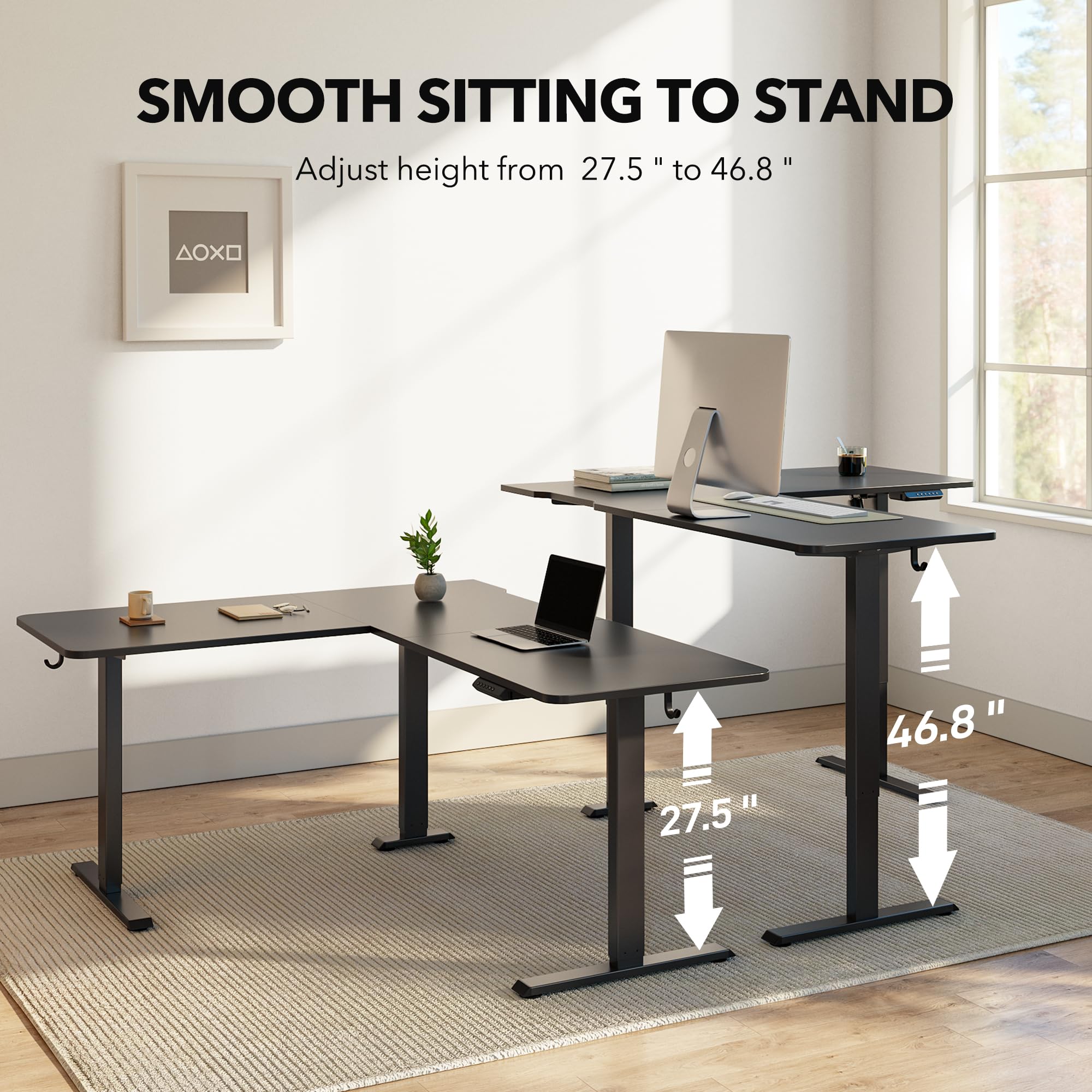 FEZIBO L Shaped Standing Desk Adjustable Height, 63 Inch Electric Stand up Corner Computer Desk, Sit Stand Home Office Desk with Splice Board, Light Walnut Top/White Frame