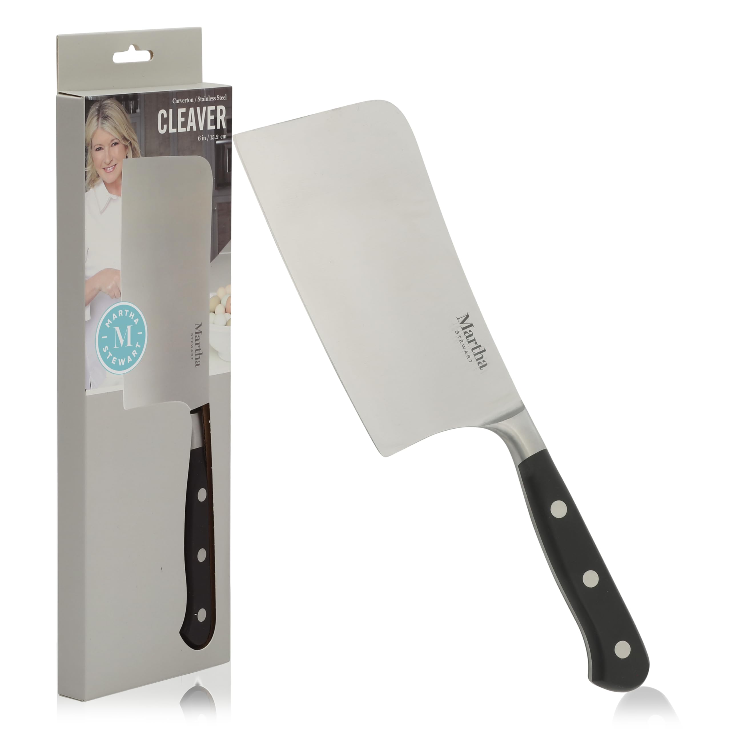 Martha Stewart Carverton 6" Cleaver Knife, High Carbon Stainless Steel Kitchen Knives w/Black Triple Riveted Handle