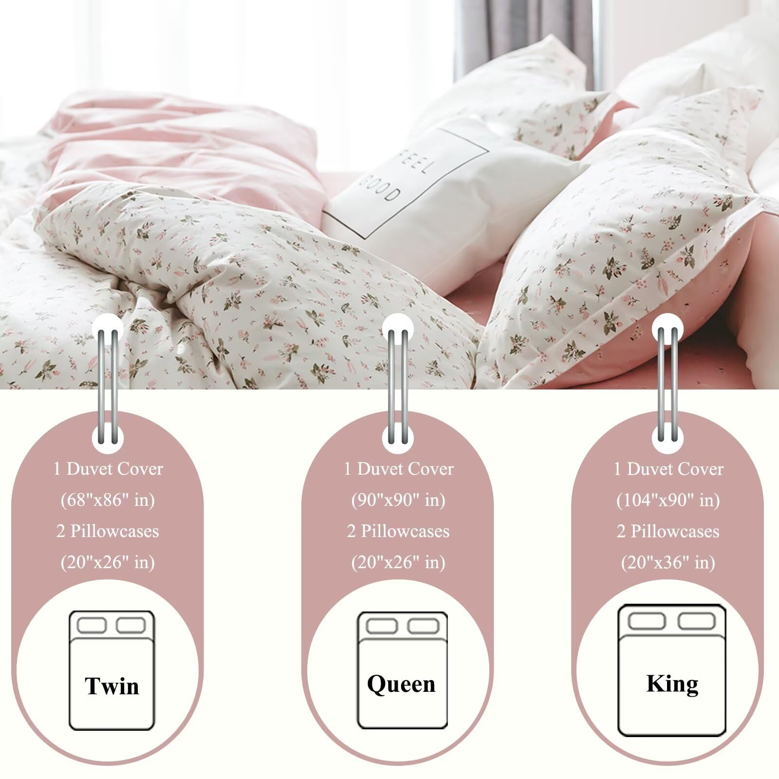 VClife Queen Cotton Duvet Cover Pink White Floral Bedding Sets, Vintage Style Flower Branches Pattern Duvet Covers with Zipper Closure- 1 Duvet Cover and 2 Pillow Covers, Breathable Lightweight
