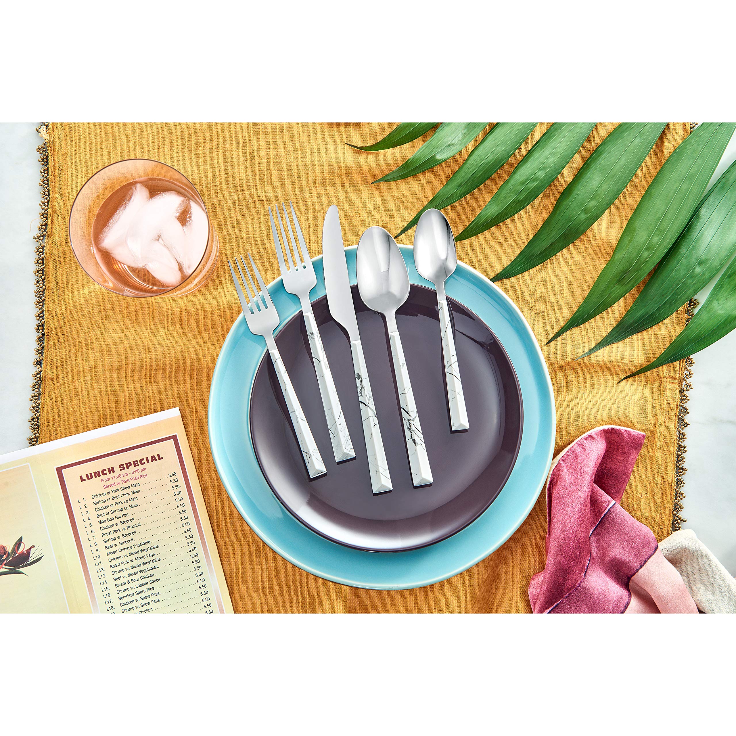 Hamilton Forge Tomodachi by Hampton Forge - Dali Marble β 20 Piece Flatware Set β Service for 4 Silverware set β Stainless Steel β White with Black, Silver