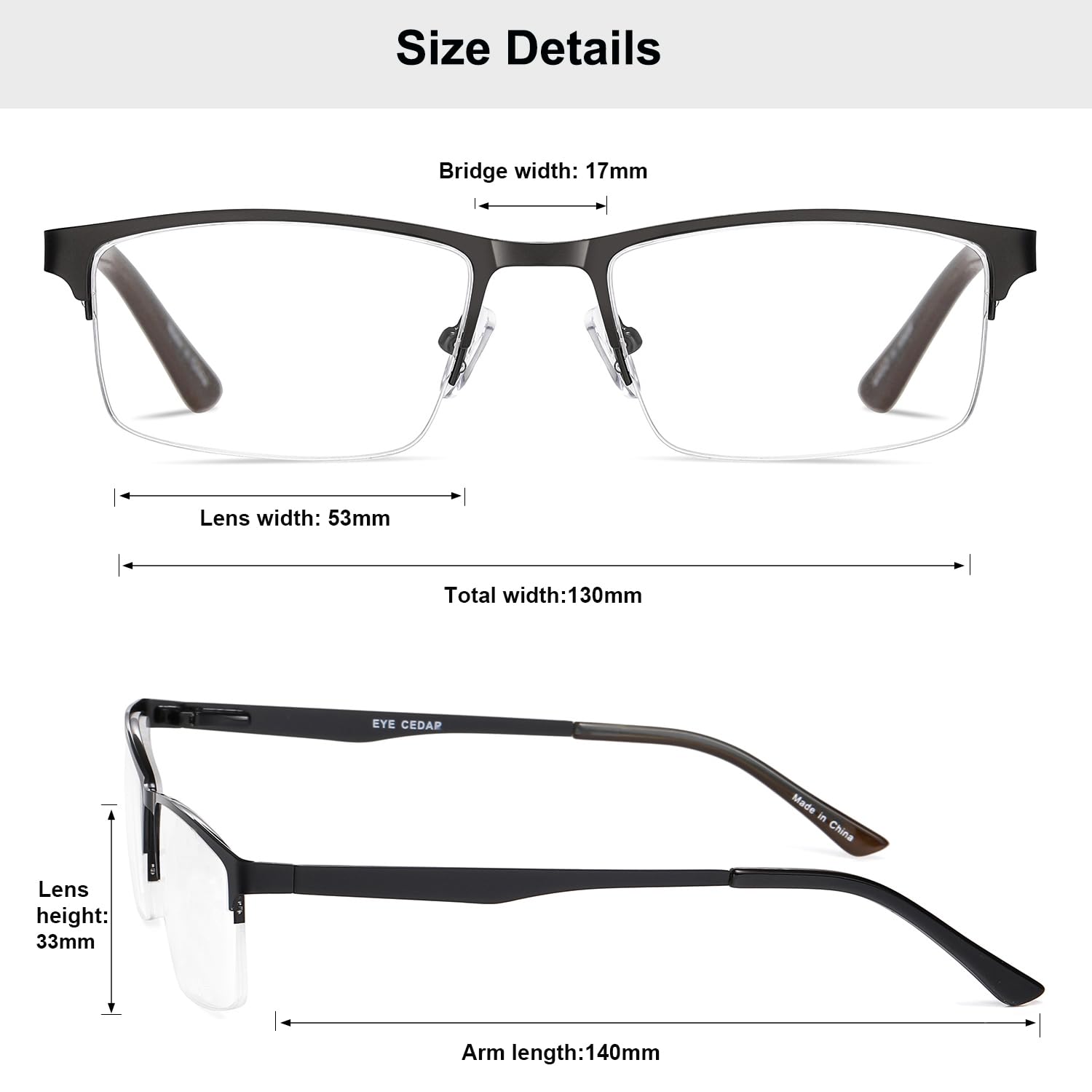 EYECEDAR 5-Pack Reading Glasses for Men Rectangular Metal Half-Frame Spring Hinges with Sun Readers Glasses Mens Readers 2.0