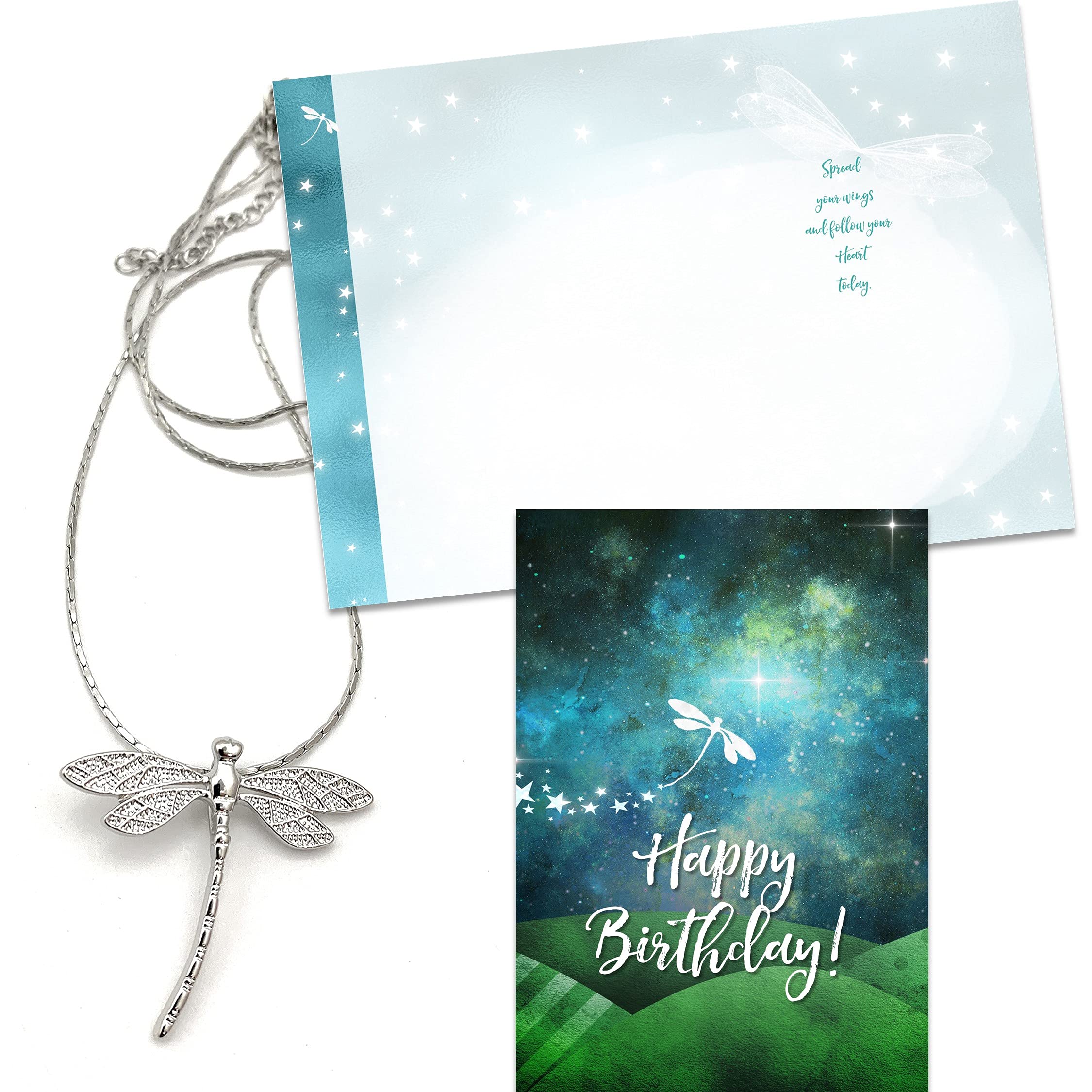 Smiling Wisdom - Happy Birthday Greeting Card Dragonfly Necklace Gift Set - Teen Women (Green Silver Dragonfly)