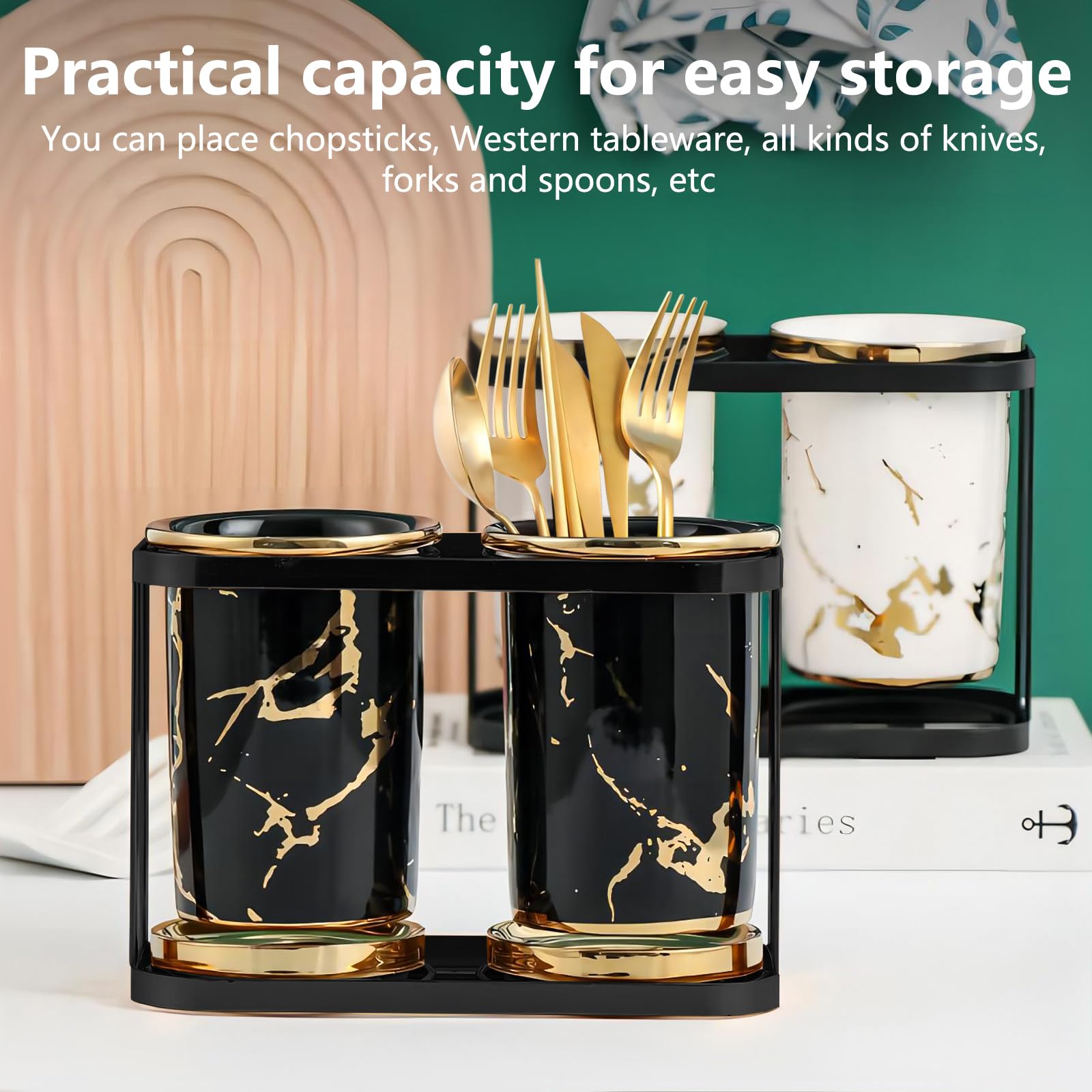 Fourmor Cutlery Holder Multi - Ceramic marble pattern Functional Utensil Holder Chopsticks Knife Flatware Drainer Storage Box Spoon Fork Tableware Drain Kitchen Organizer Rack Set of 2