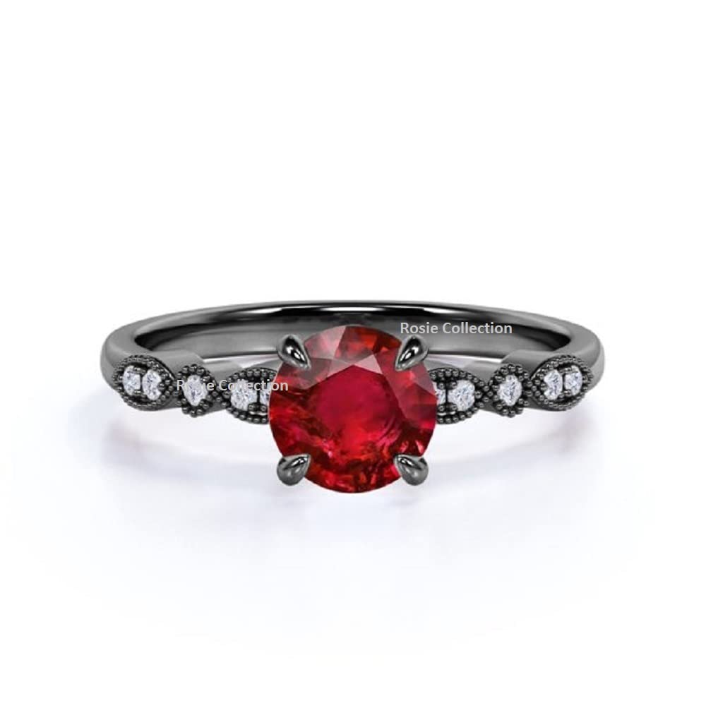 Full Black Gold Over 925 Sterling Silver Round Cut Red Ruby Solitaire Promise Ring Gift for her 10