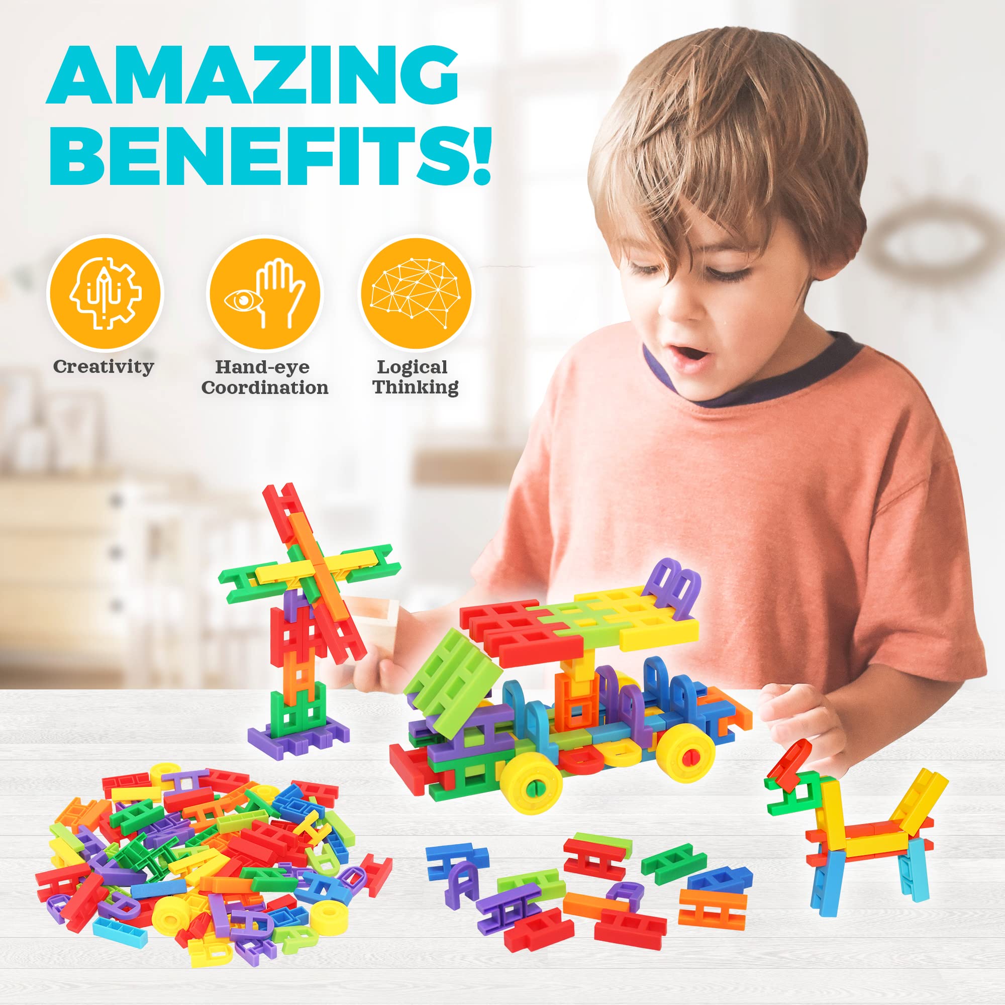 iYuePeng DIY Plastic 3D Building Blocks - 112pcs STEM Educational Toys for Kids 3+ - H Shape Interlocking Fat Brain Games Theme Construction Engineering - Perfect for Family, Kindergarten Classroom
