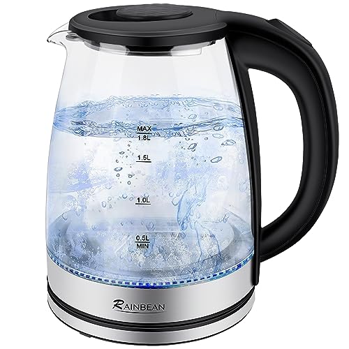RAINBEAN Electric Kettle Water Boiler, 1.8L Electric Tea Kettle, Wide Opening Hot Water Boiler with LED Light, Auto Shut-Off & Boil Dry Protection, Glass Black