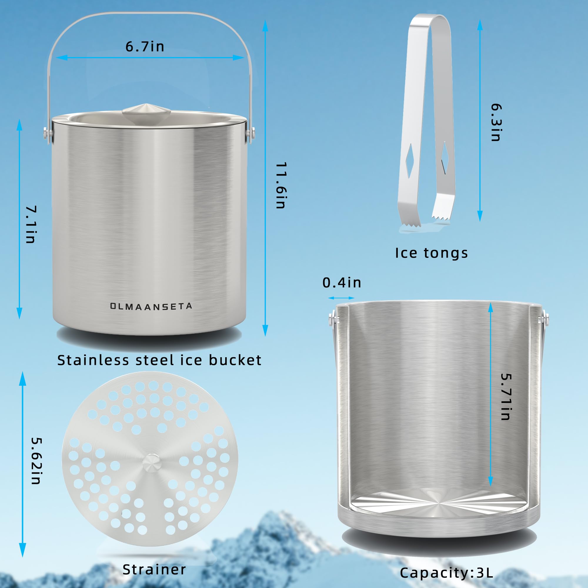 Olmaanseta Stainless Steel Ice Bucket For Parties With Lid And Ice Tongs,Insulated Wine Bucket With Strainer Keeps Drinks Cold And Ice Cube From Melting