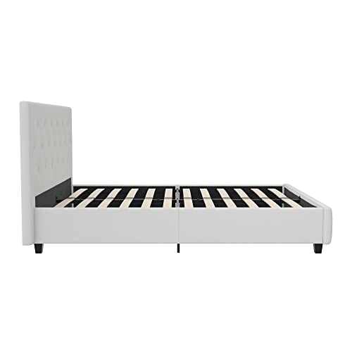DHP Dakota Upholstered Platform Bed with Diamond Button Tufted Headboard and Footboard, No Box Spring Needed, Queen, White Faux Leather