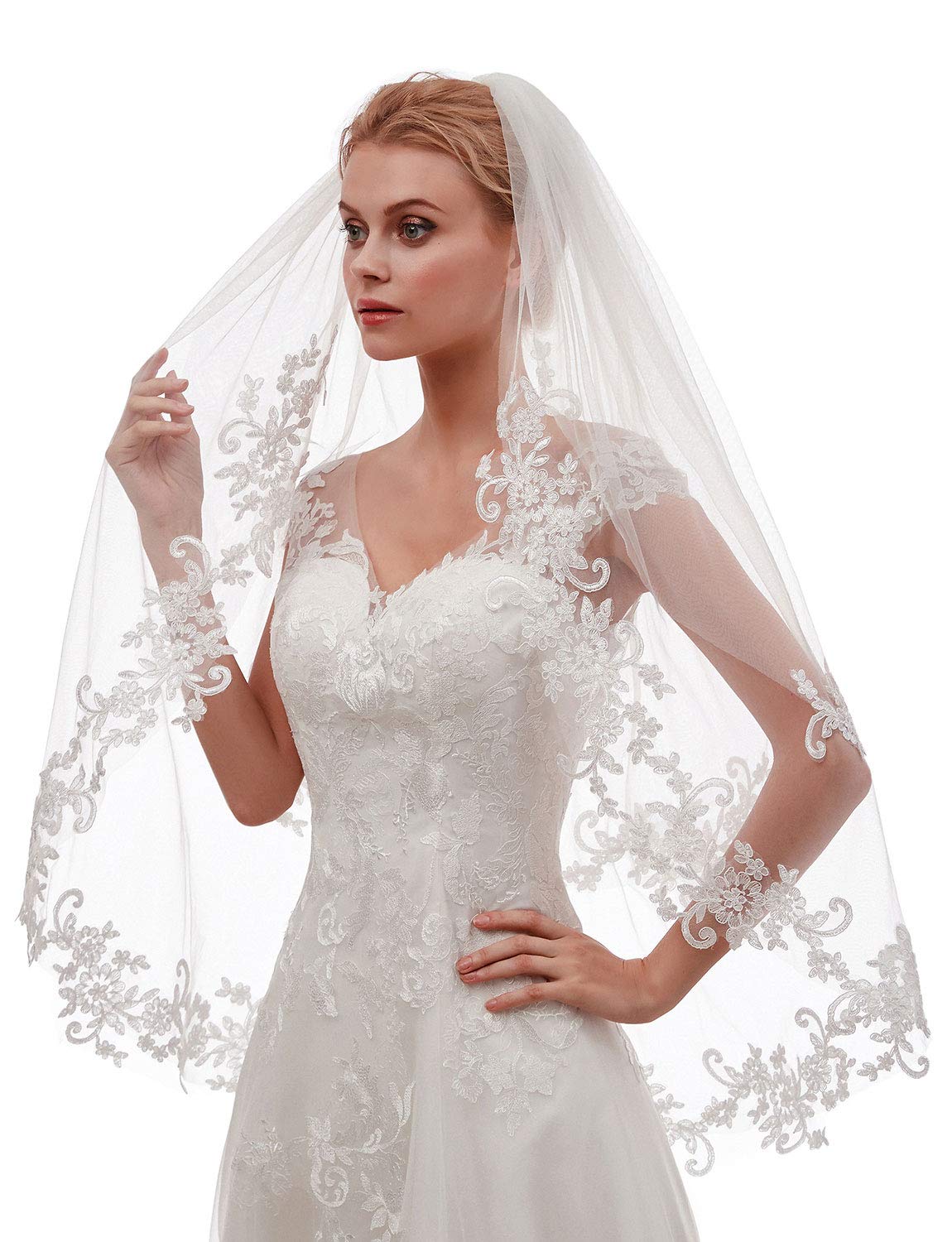 EllieHouse Women's Short 2 Tier Lace White Wedding Bridal Veil with Comb L24WT