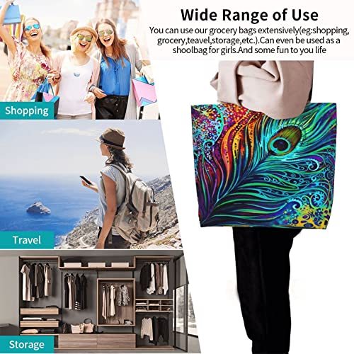 Qaxcdmky Peacock Feather Tote Bag Large Shoulder Bag Casual Reusable Handbag For Women Shopping Grocery Work