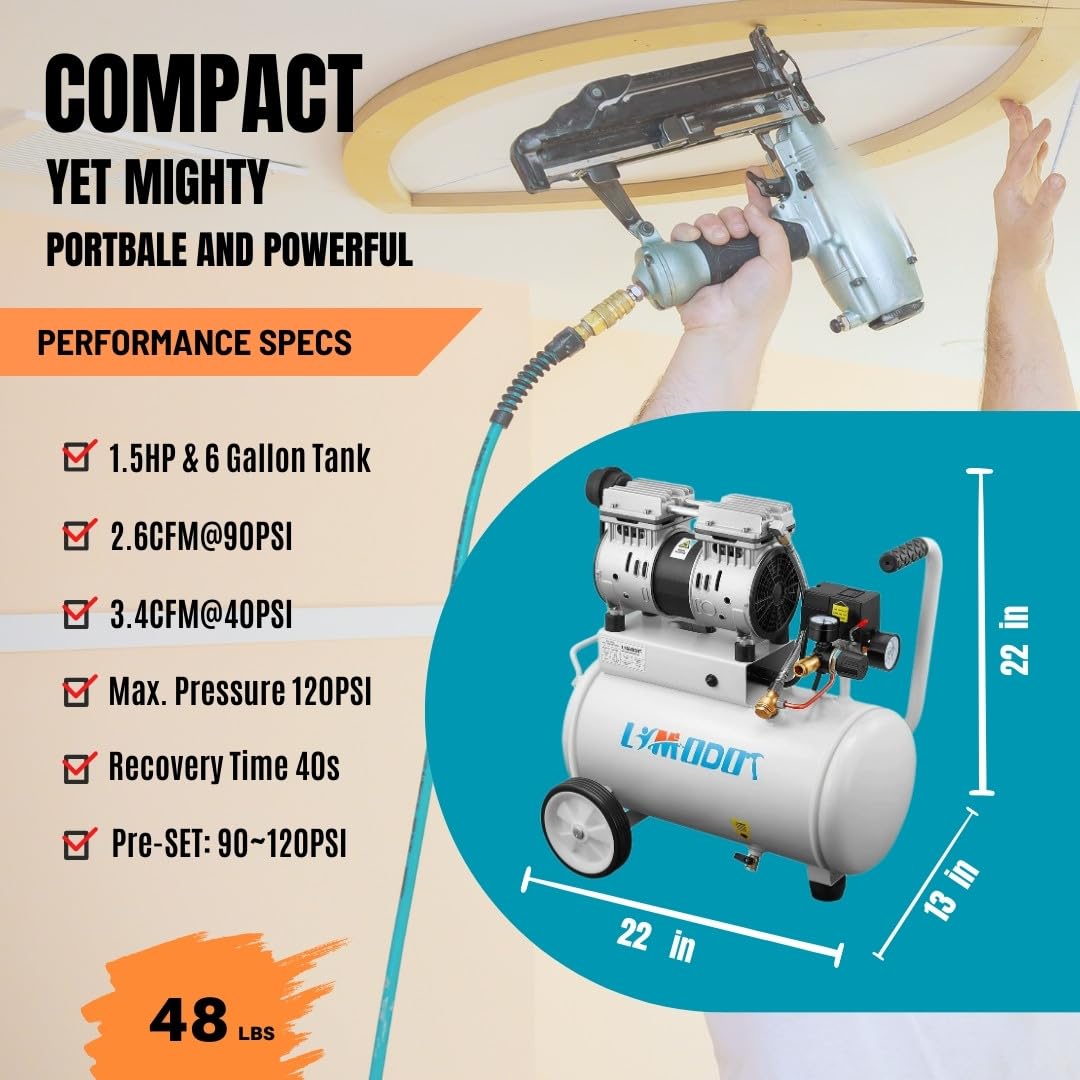 Limodot Air Compressor, Ultra Quiet Air Compressor, Only 68dB, 6 Gallon Durable Steel Air Tank, Fill In 80s, Fast 25s Recovery, Oil-Free, Ideal For Shop, Garage, Car, Pneumatic Tools