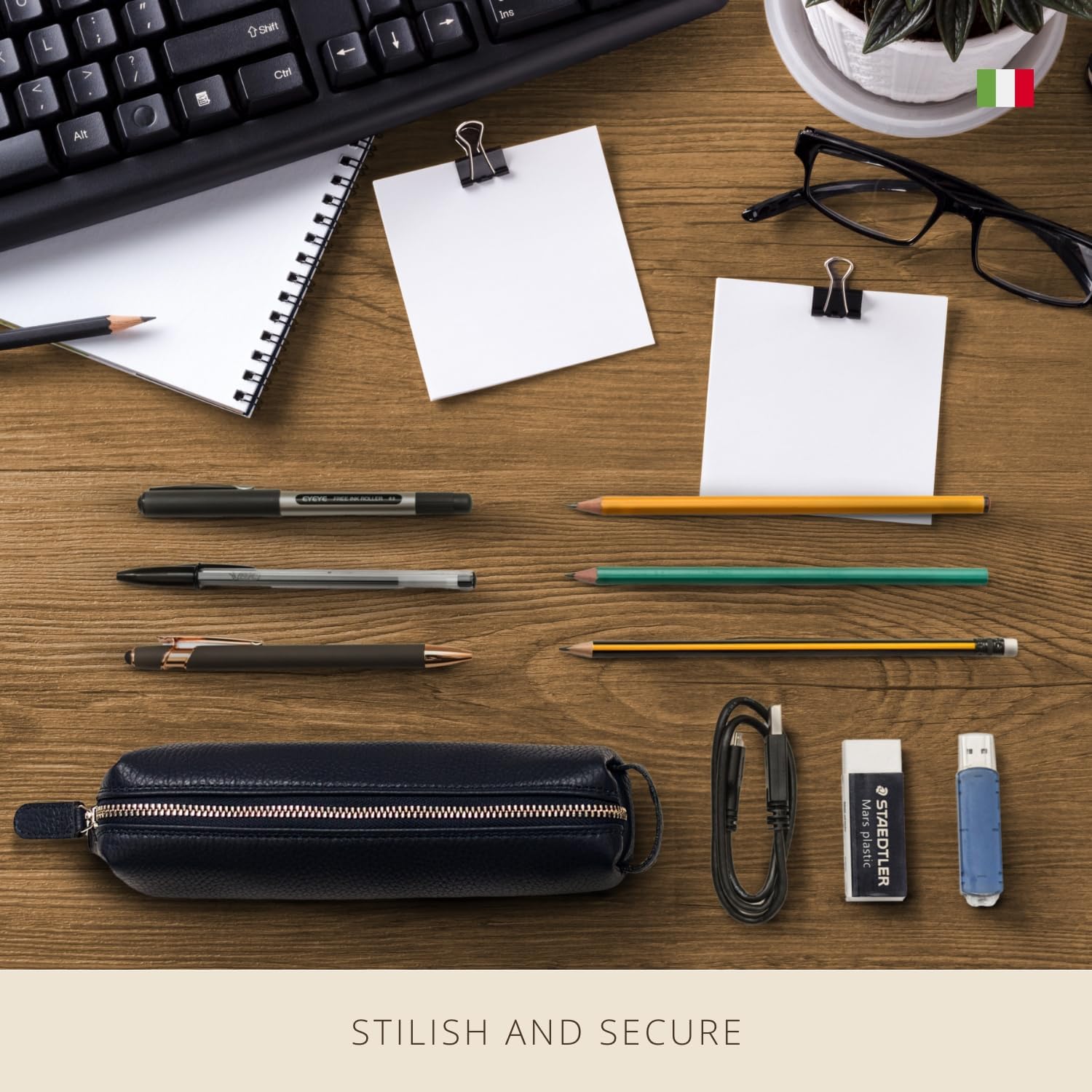 Maruse Pencil Case - Italian Grained Leather - Zipper Case for Pen and Pencils - Work Accessories Made in Italy - Navy