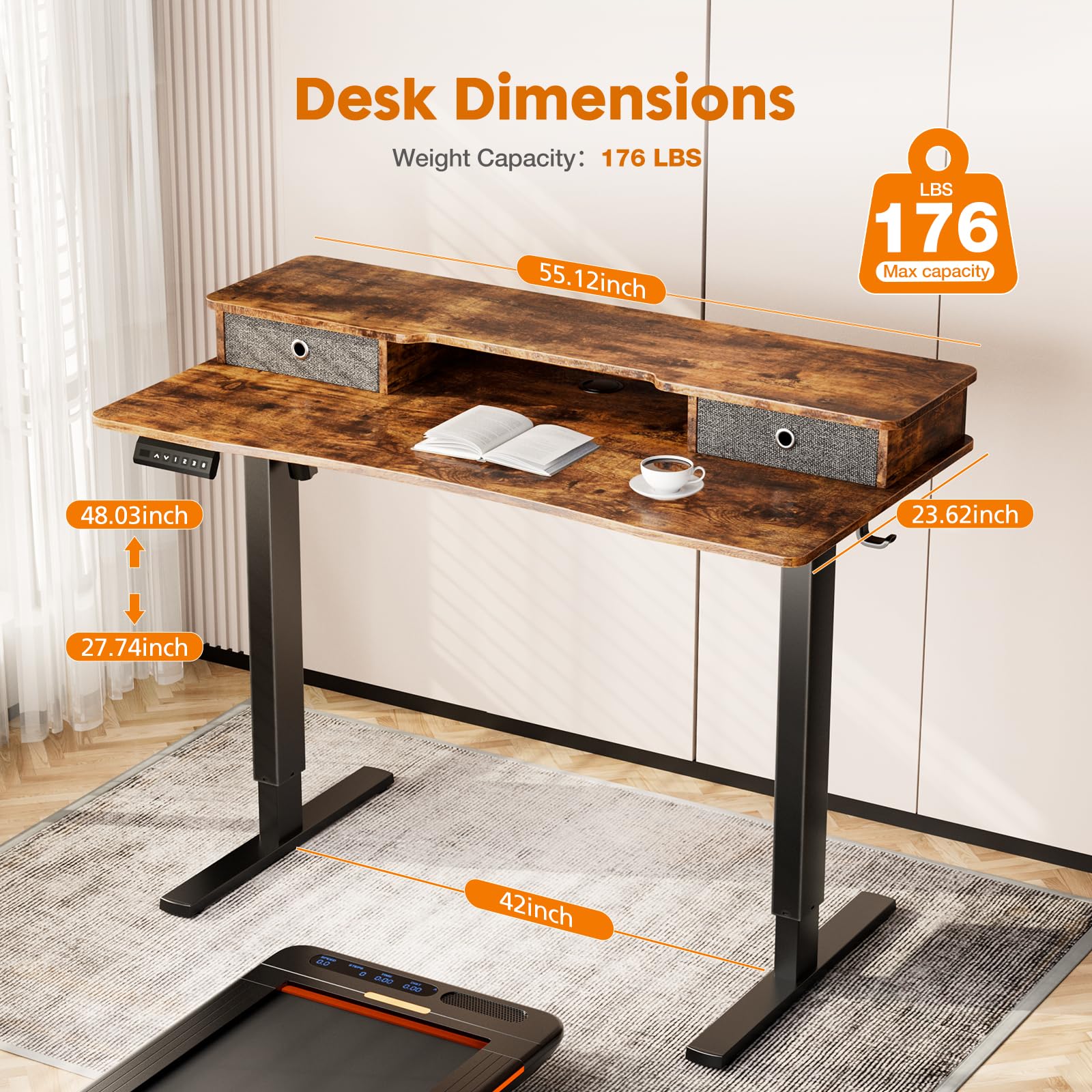 Electric Standing Desk Adjustable Height Stand Up Desk, 55 x 24 Inch Sit Stand Desk Adjustable Desk, Home Office Computer Desk with Storage Shelf, Double Drawer, Splice Board, Rustic Brown Desktop