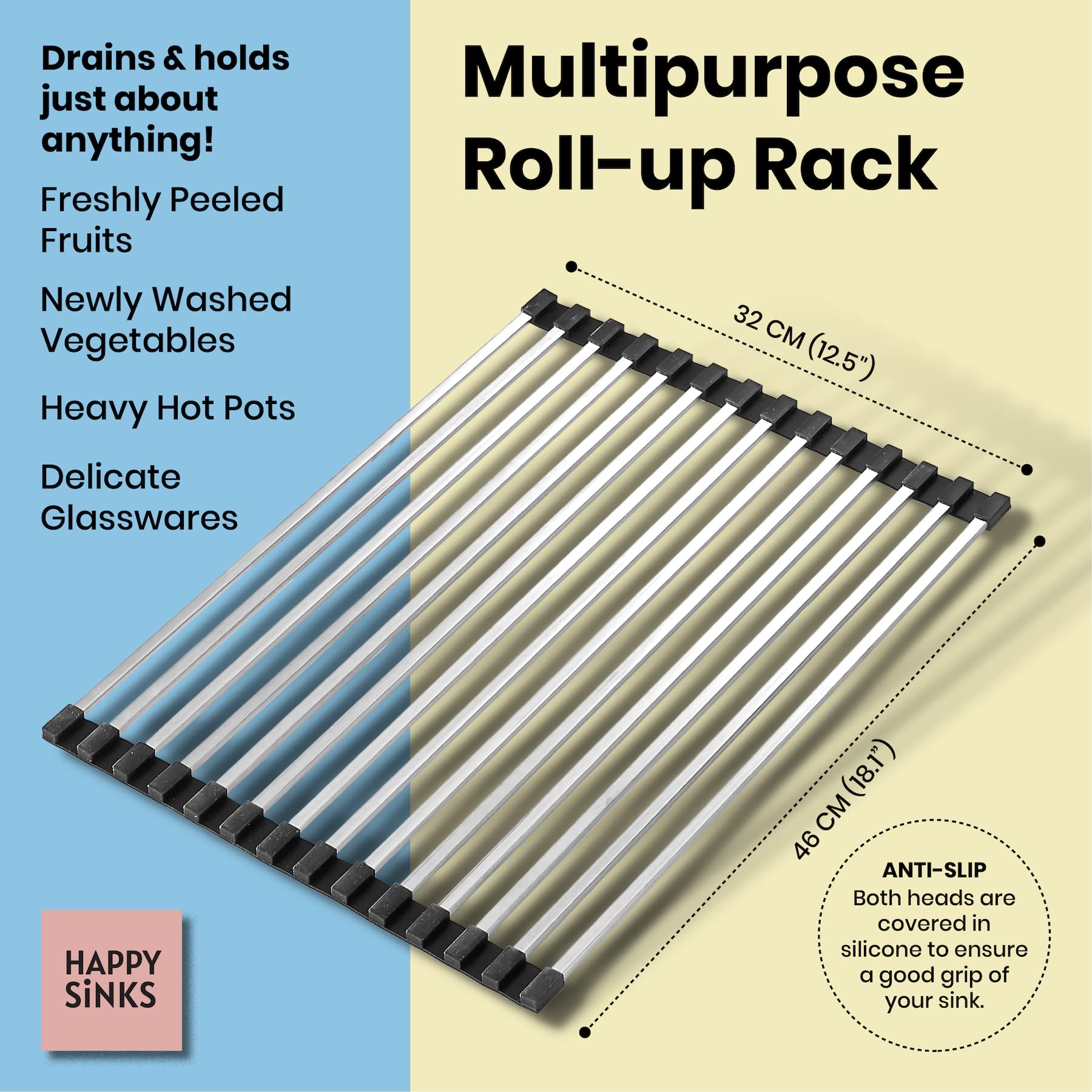 Happy Sinks Roll Up Dish Drying Rack - Foldable Stainless Design for Maximizing Kitchen Space - Over Sink Rack - Stainless Steel Over Sink Dish Drainer 18.1" x 12.6" - Drying Rack Kitchen (Steel)