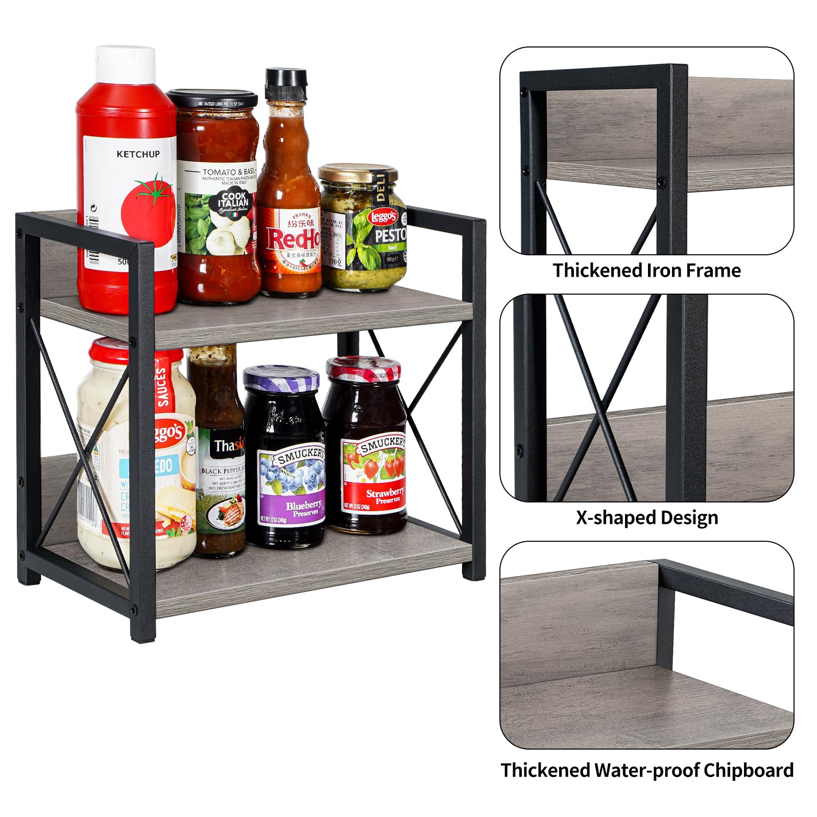 Giikin Countertop Shelf Organizer, 2 Tier Kitchen Spice Rack Organizer for Countertop, Wood Coffee Counter Shelf Organizer for Home (Smoky Grey)