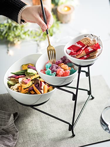 Miamolo Triple Ceramic Serving Bowl Set with Stand - White Serving Tiered Stand,Set of 3 Oval Bowl Set Perfect for Table Decoration Set Party Chip Rack Display Salad Bar Serving Set - Black Stand