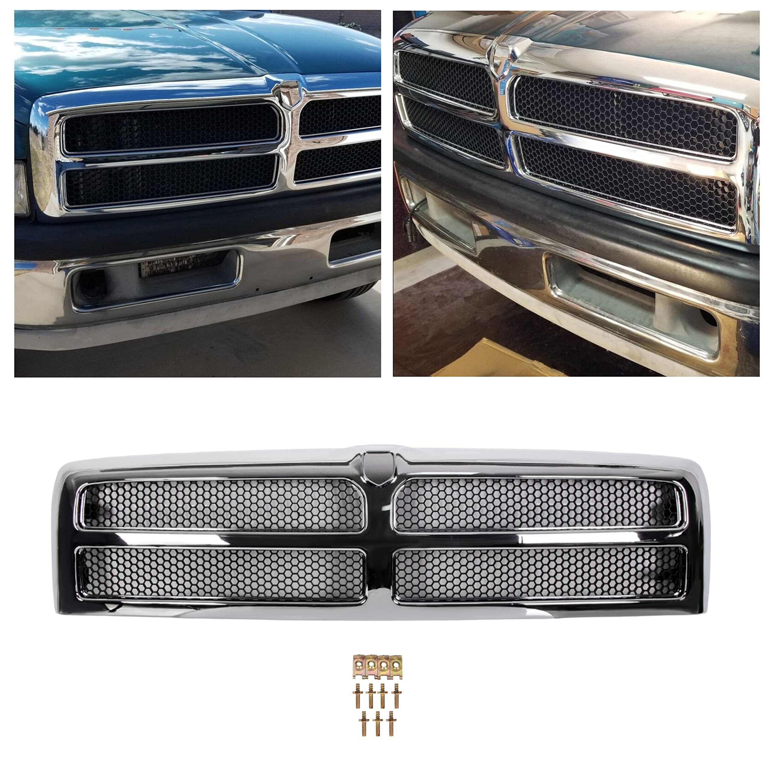 ECOTRIC Front Grille Compatible with 1994-2002 Dodge Ram 1500 2500 3500 Chrome w/Honeycomb Upper Grille Replacement for CH1200178 55055252