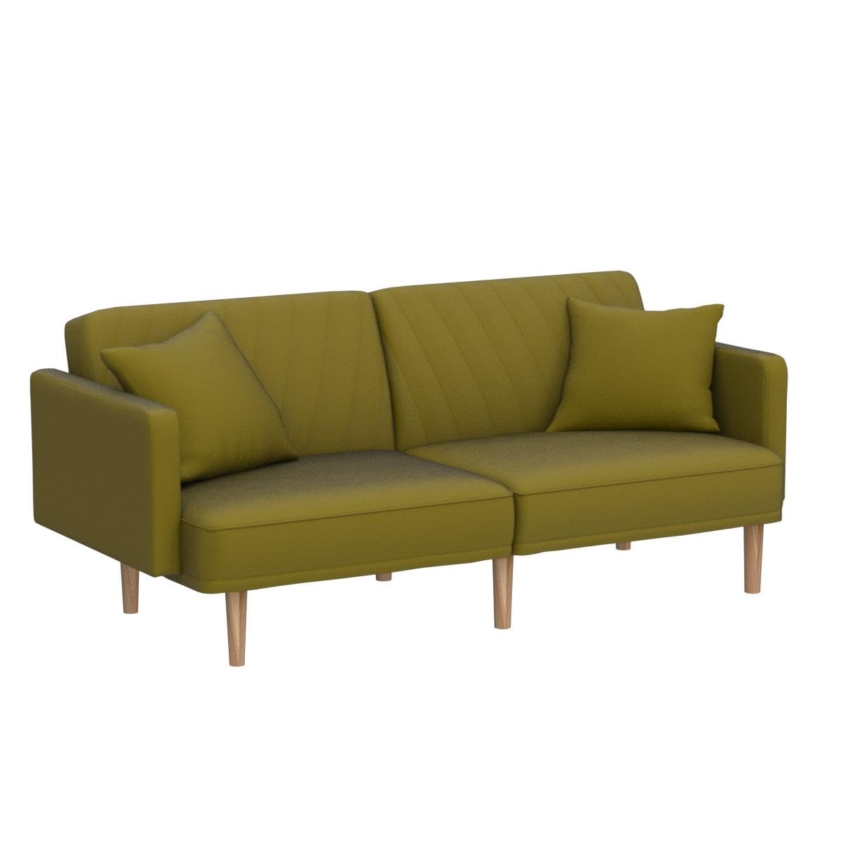 OUYESSIR Futon Sofa Bed, Convertible Sleeper Sofa with Wood Legs, 75.3β Splitback Sofa with 2 Pillows, Velvet Futon Couch for Living Room (Olive Green)
