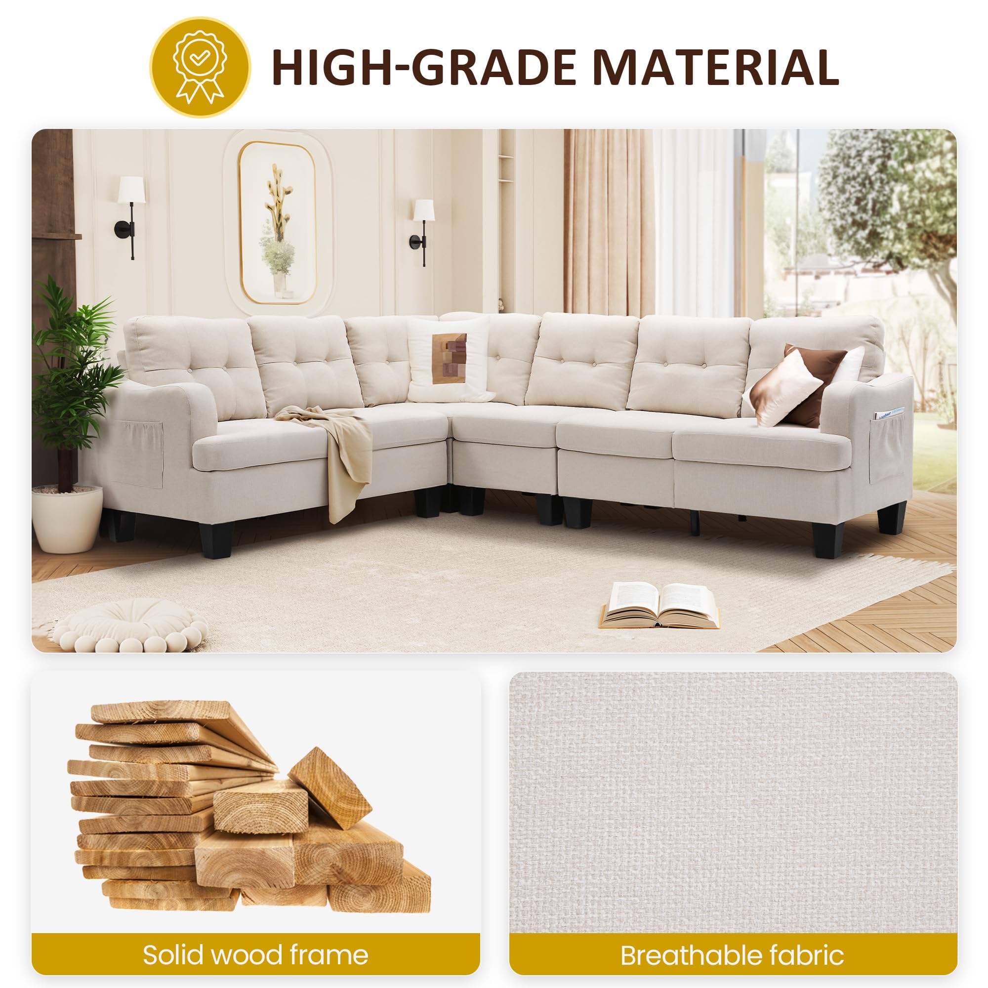 May in Color 6 Pieces I Shaped Couch with Solid Wood Frame and Thick Legs, Modern White Modular Sectional Sofa, Polyester Fabric Big Sofa Bed, Large Sleeper Couch for Living Room