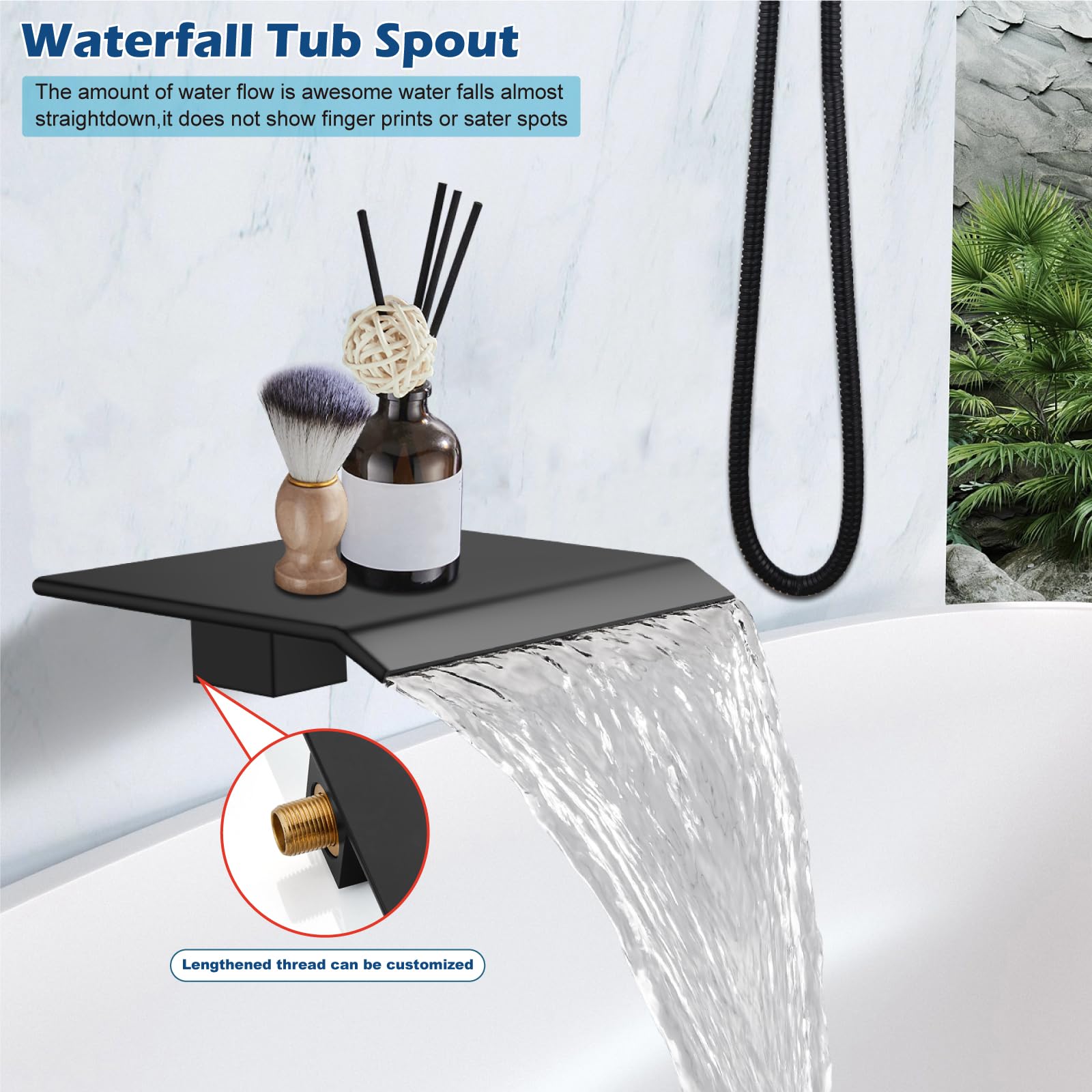 Midanya Rain Shower System Tub Shower Faucet Set Square Rainfall Shower Head with Handheld Sprayer and Waterfall Tub Spout Rough-in Valve Shower Mixer Combo,8 Inch Matte Black