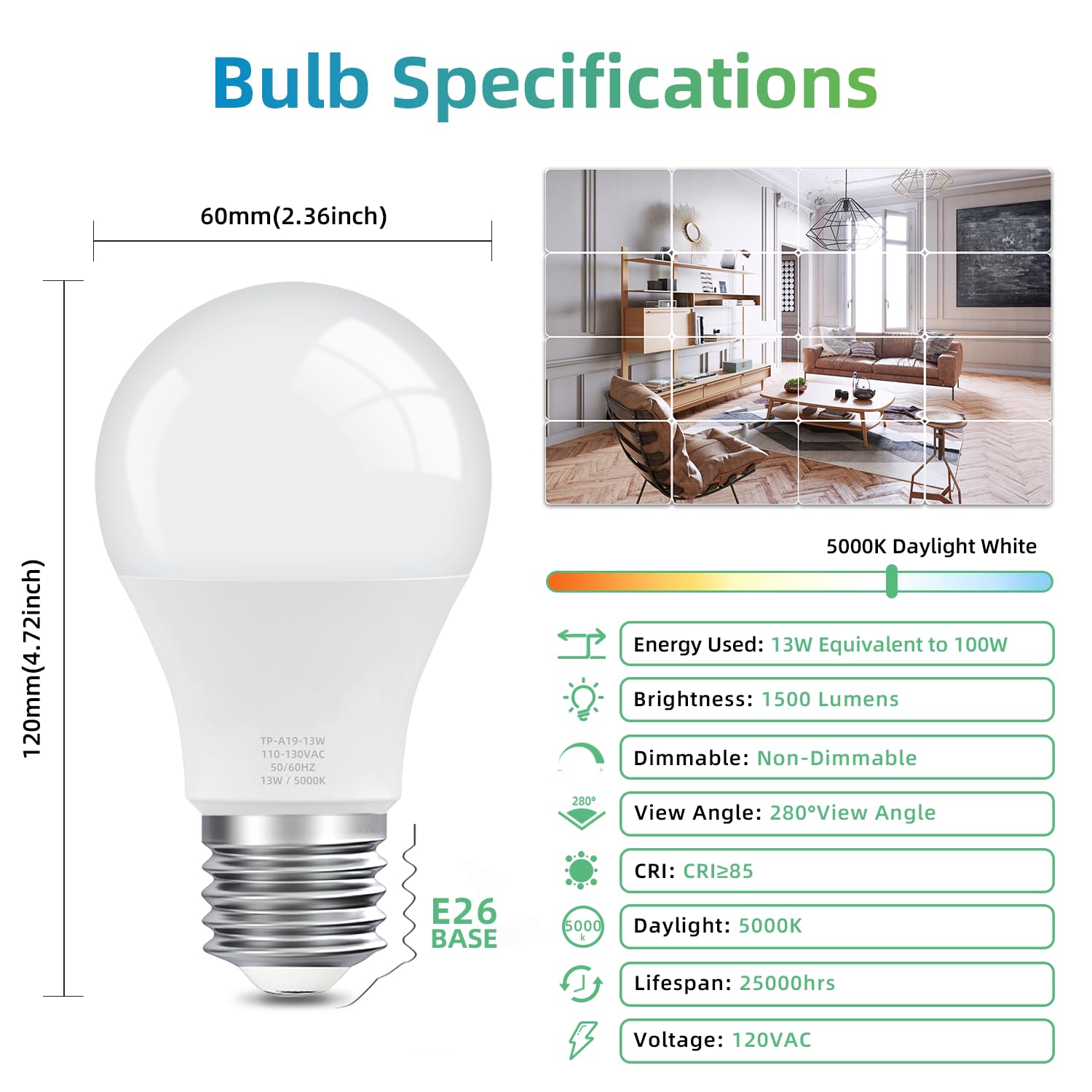 LIGHTNUM A19 LED Light Bulbs, 100 Watt Equivalent LED Bulbs, 5000K Daylight LED Bulbs, 1500LM, Standard E26 Base, 13W Bright White Light Bulbs Indoor, Non-Dimmable, 6 Pack