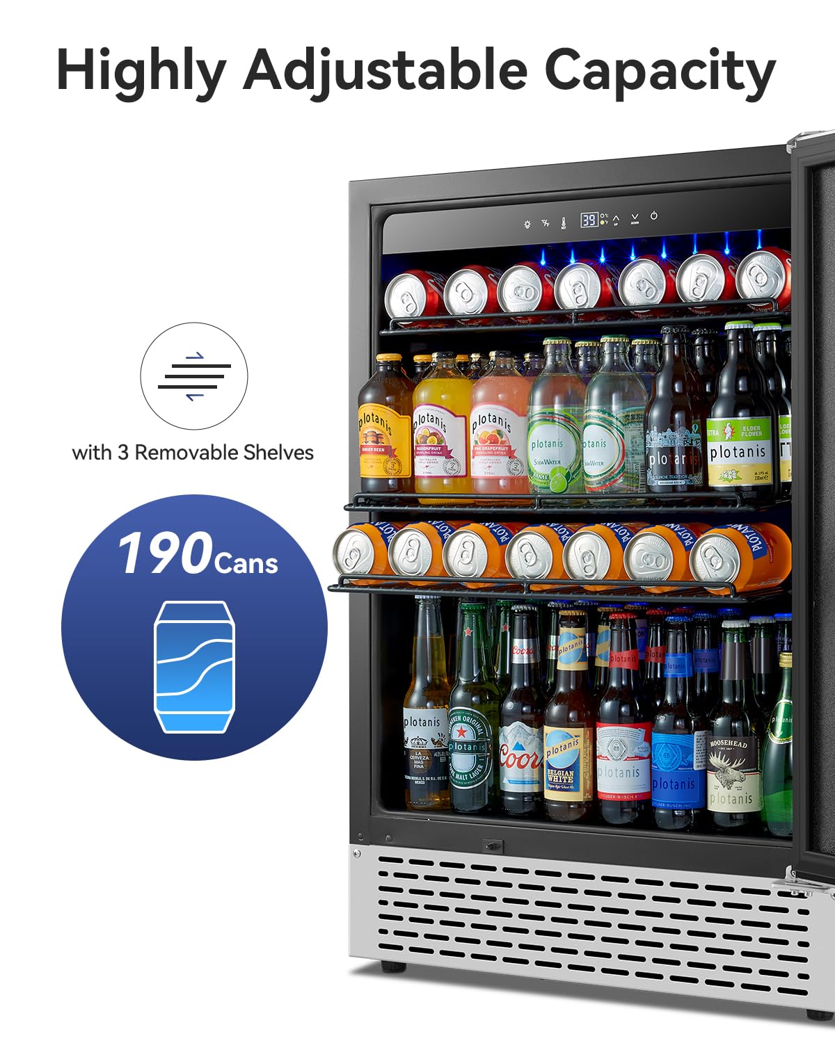 Plotanis 24 Inch Beverage Refrigerator 190 Cans Beverage Fridge with Stainless Steel Door Built-in or Freestanding Beverage Cooler with Adjustable Shelves for Soda Beer or Wine