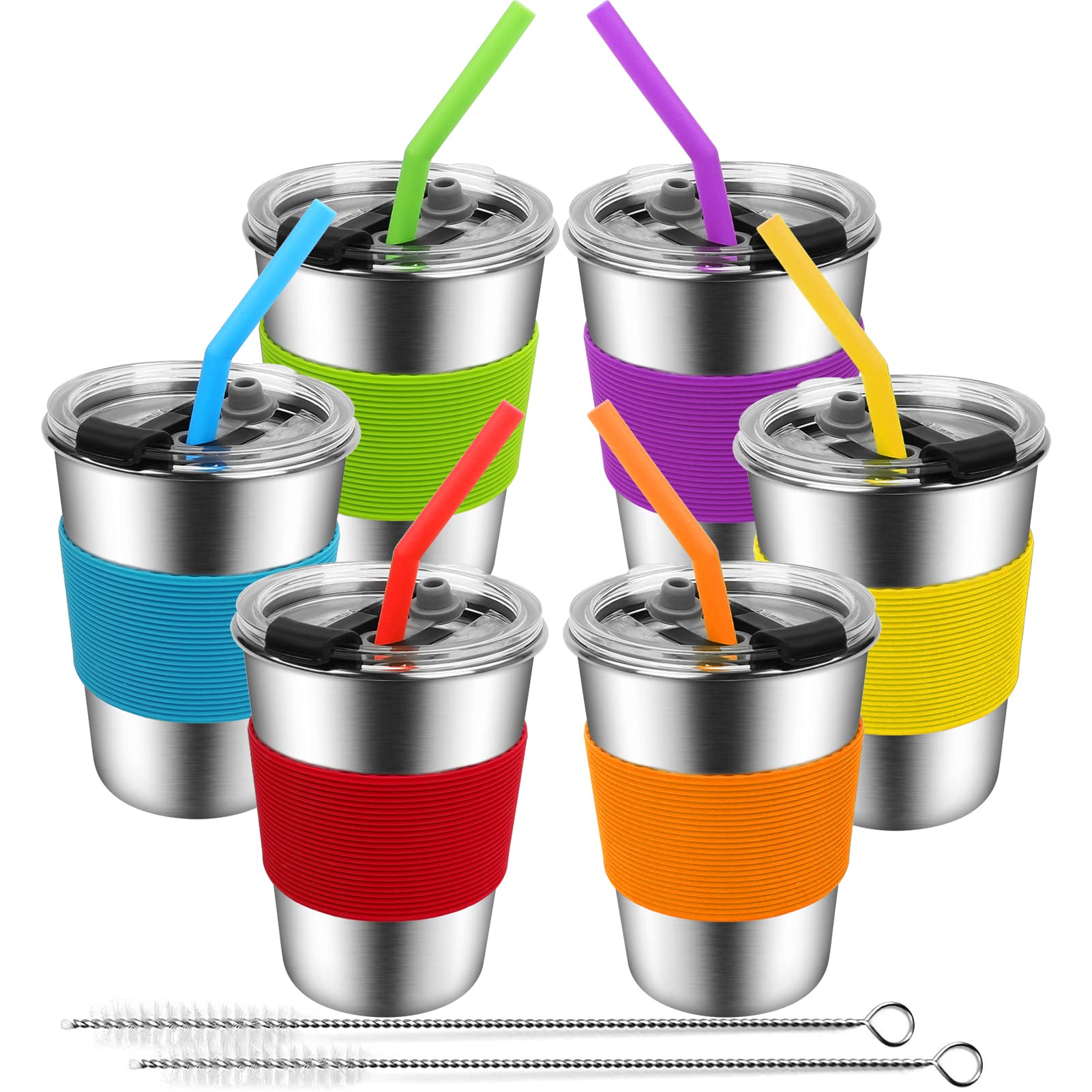 EWSNmata Kids Cups with Straws Spill Proof, Stainless Steel Sippy Cups with Lids, 12oz Toddlers Straws Tumbler, 6 Pack Unbreakable Water Glasses for Children, Adults, Outdoor, Indoor