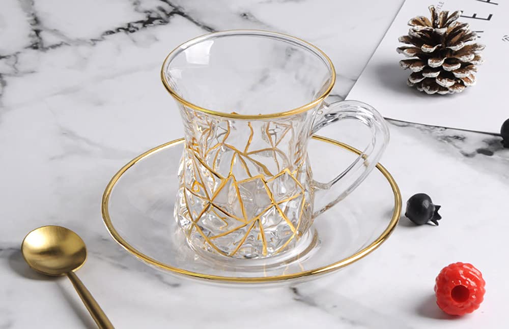 Handmade Gold Rimmed Line Three-dimensional Cups Light Luxury Clear Crystal Glass Small Tea Cups Coffee Water Drinks Afternoon Tea Handle Cups