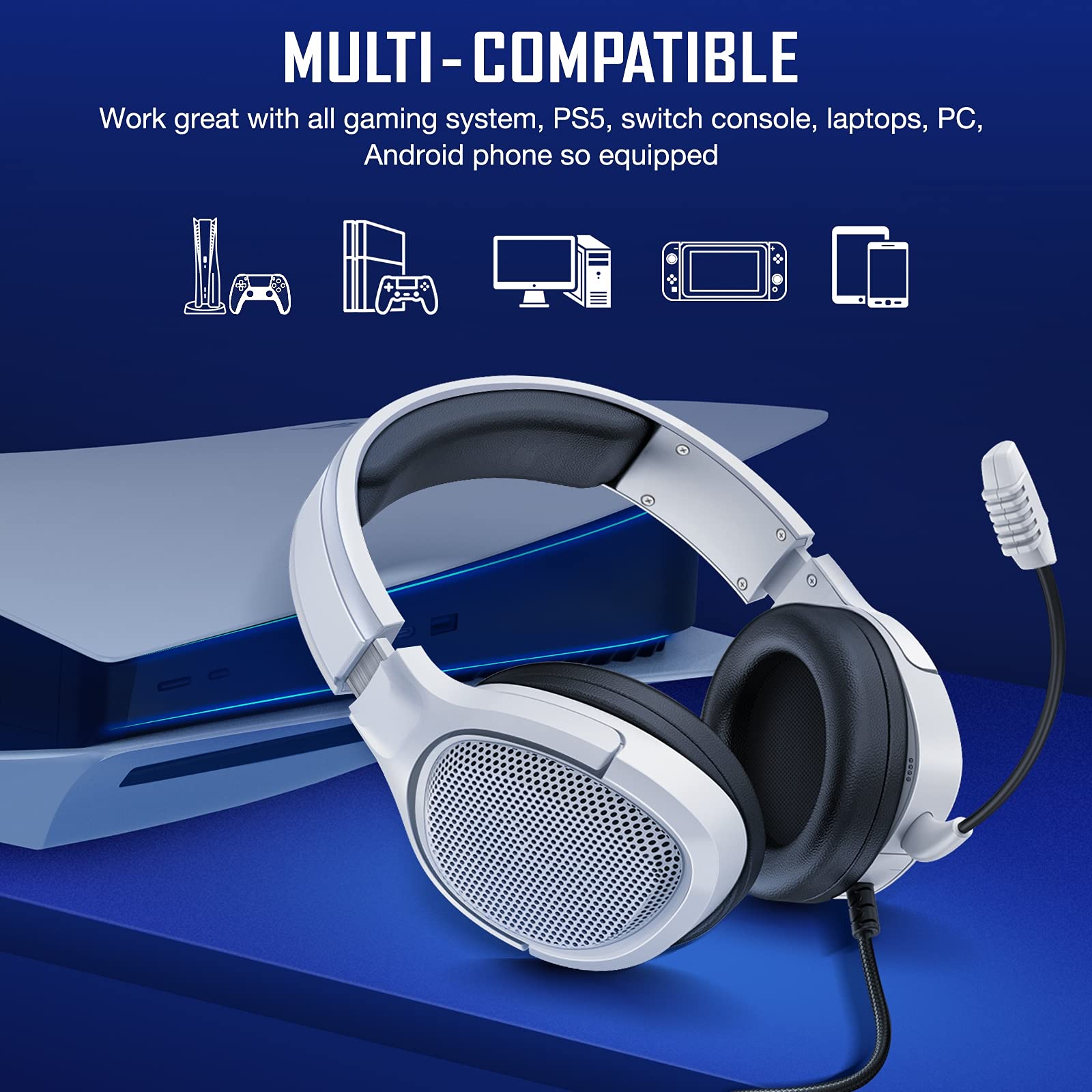 Gaming Headsets for PC Gamer with Removal Microphone, Noise Cancelling Mic, EUROA Over Ear Computer Headphones, Light Weight, Adjustable Headband, Soft Memory Foam White